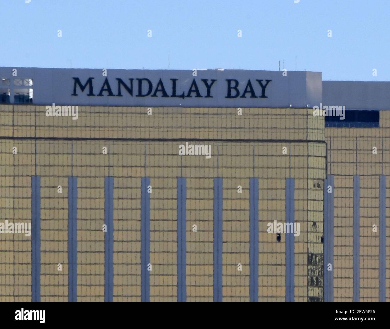 View of the Mandalay Bay Resort with visible broken windows on the 32nd ...