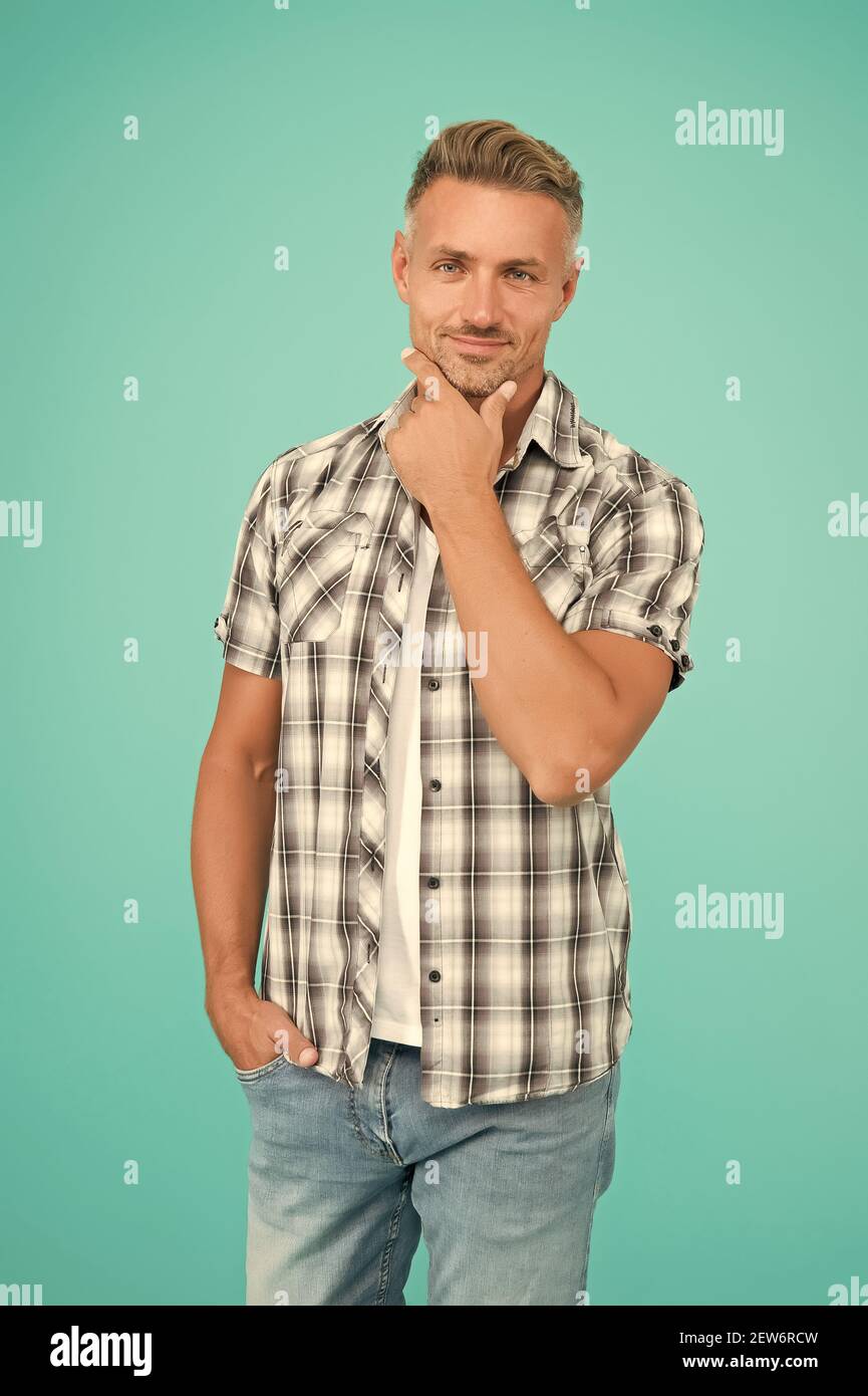 Barber hairdresser. Man good looking model. Handsome guy looking at ...