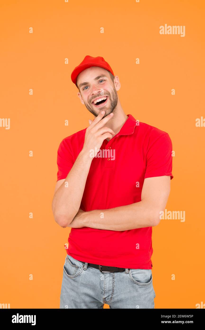 Welcome. Supermarket cashier. Man delivery service wear red cap. Shop ...