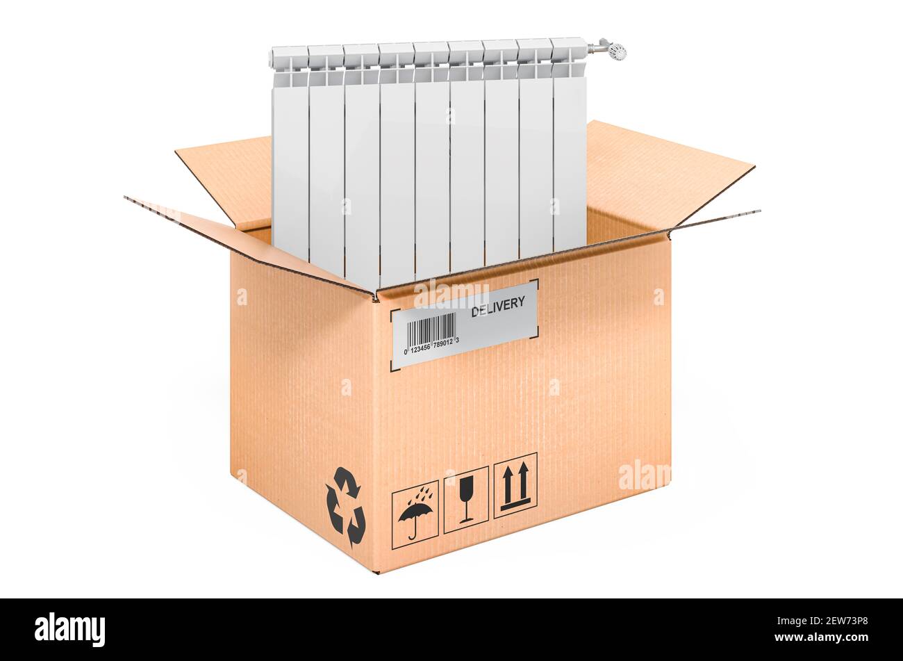 Heating radiator inside cardboard box, delivery concept. 3D rendering ...