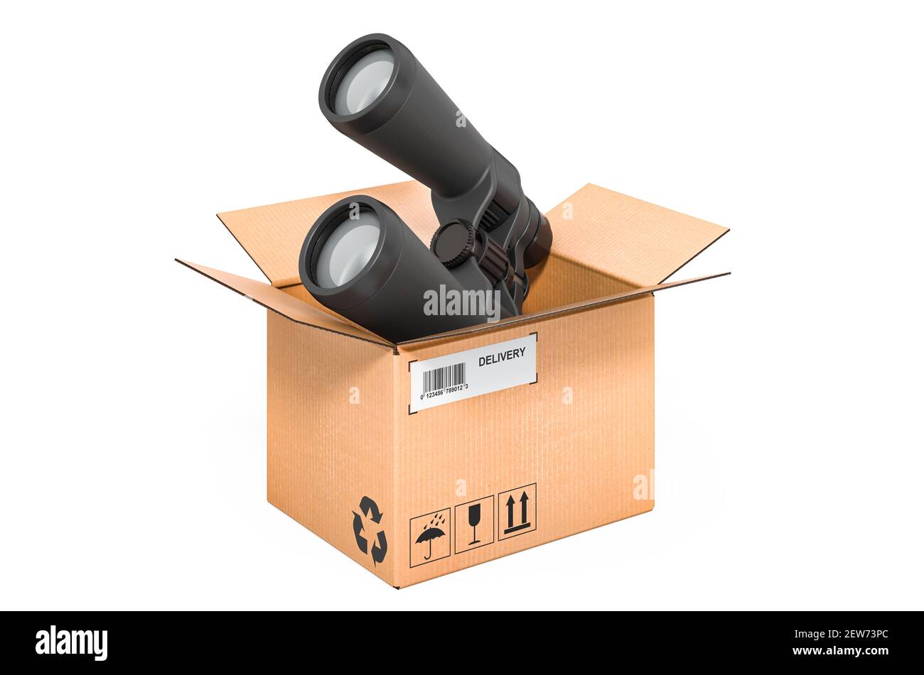 Binocular telescopes inside cardboard box, delivery concept. 3D ...