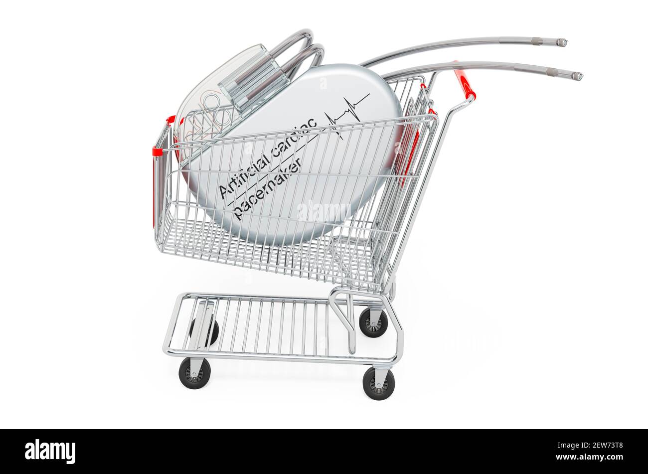 Shopping cart with artificial cardiac pacemaker. 3D rendering isolated ...