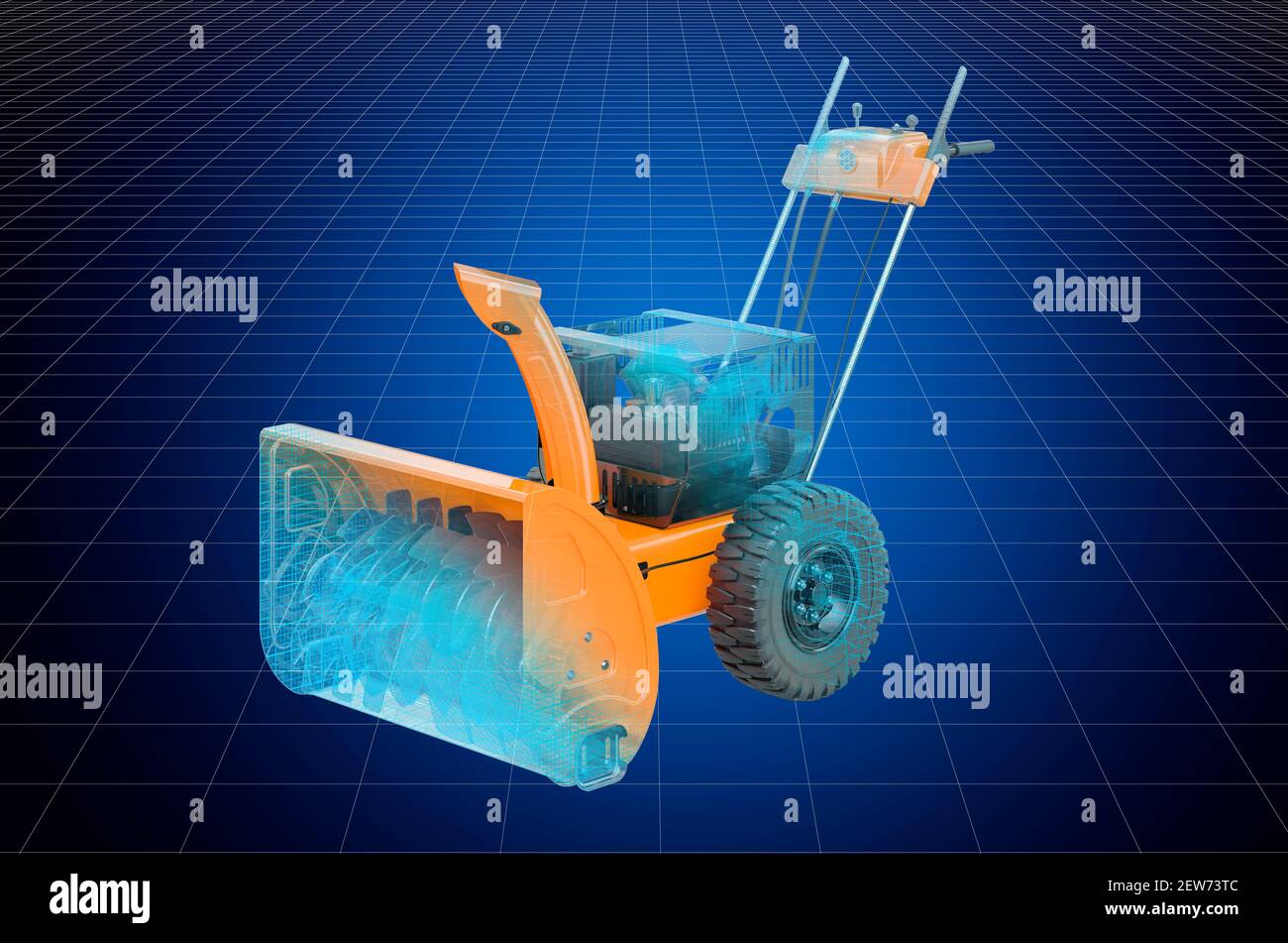 Visualization 3d cad model of snow blower, blueprint. 3D rendering ...