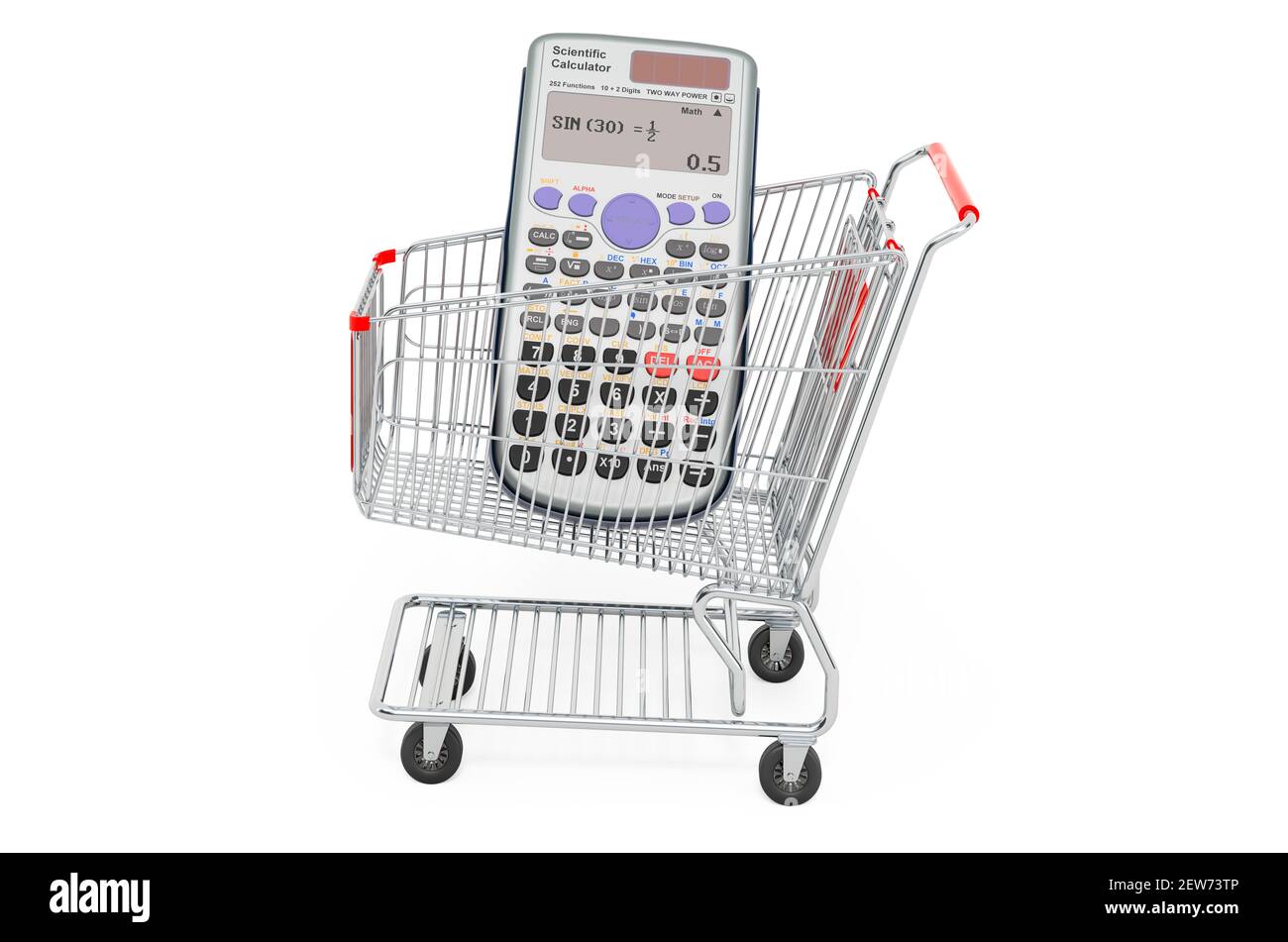 Shopping cart with scientific calculator. 3D rendering isolated on ...