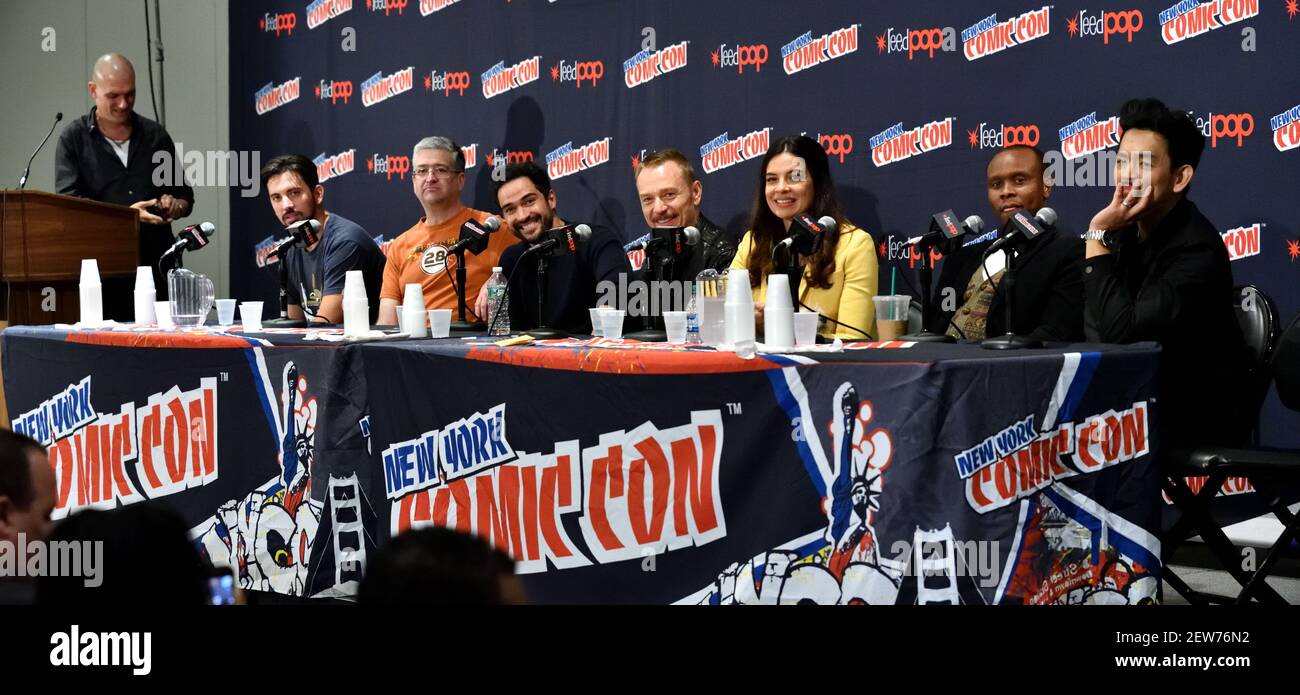 NEW YORK - OCTOBER 8: L-R: Moderator Dominick Patten, exec. producers ...