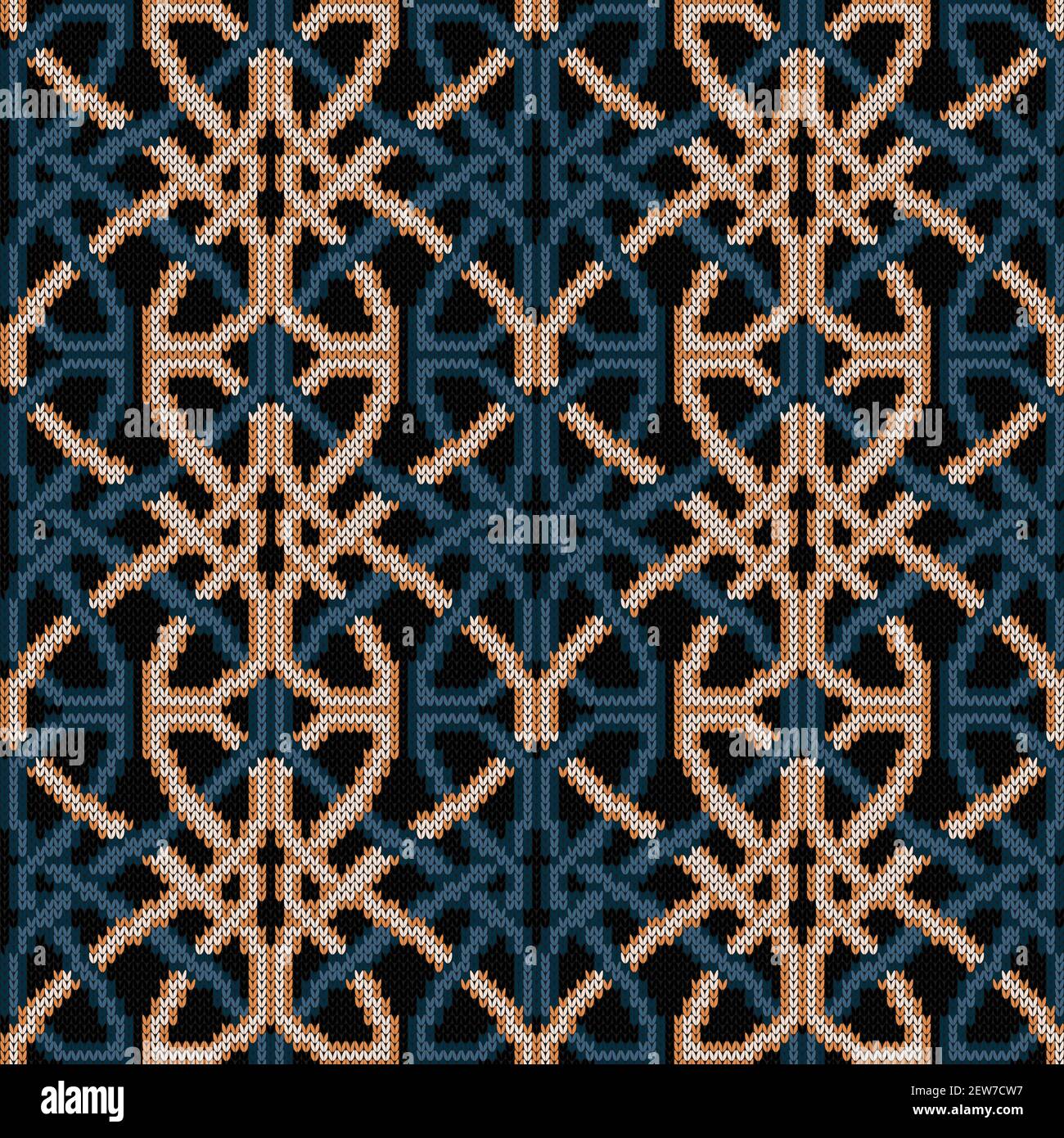 Ornate knitting seamless vector pattern in muted blue and beige hues on ...