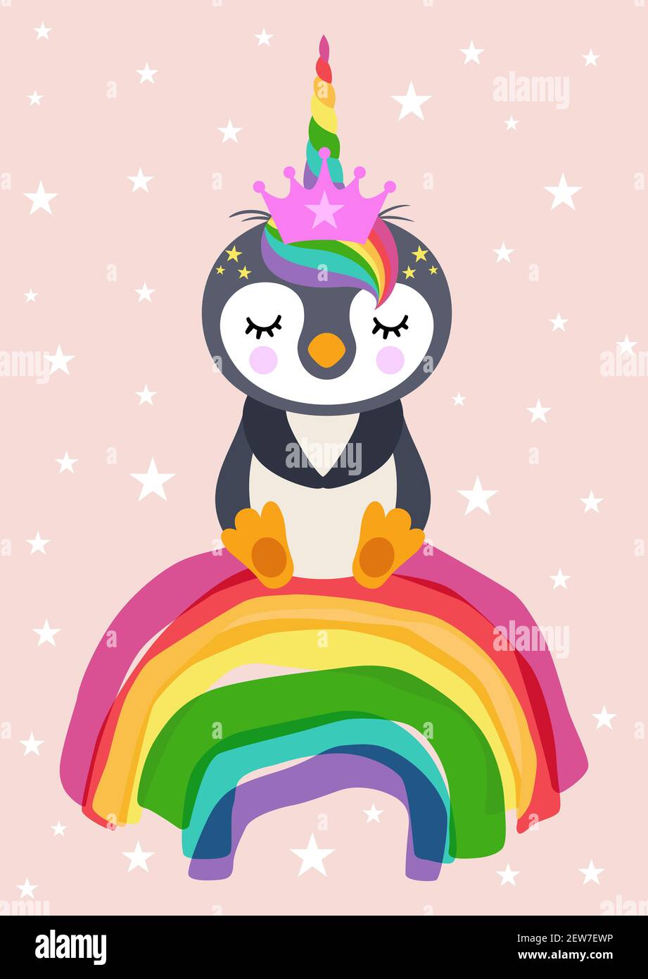 Greeting card with cute unicorn penguin sitting on rainbow Stock Photo ...