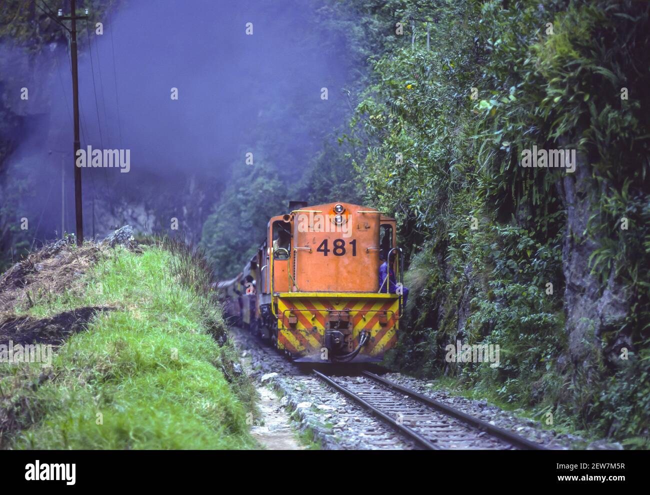 AGUAS CALIENTES, PERU - Railroad train at station near Machu Picchu ...