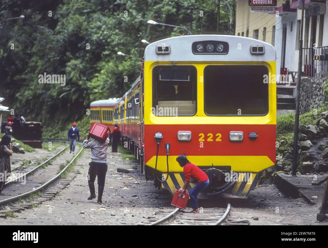 AGUAS CALIENTES, PERU - Railroad train at station near Macchu Picchu ...