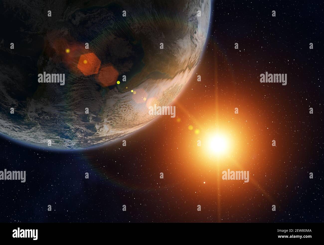 Our Earth in space and bright sun. Elements of this image furnished by ...
