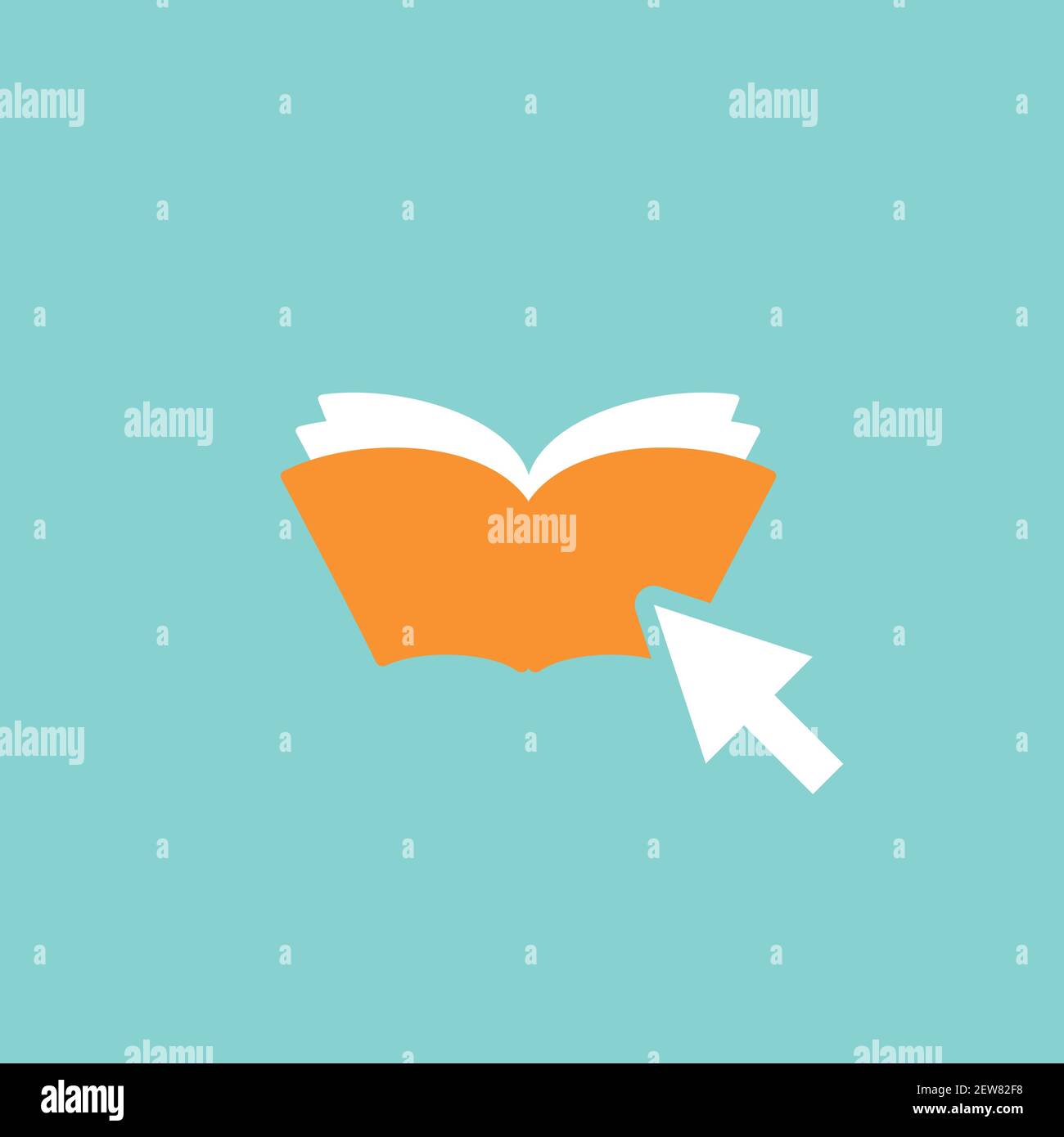 Orange open book with cursor arrow isolated on blue background ...