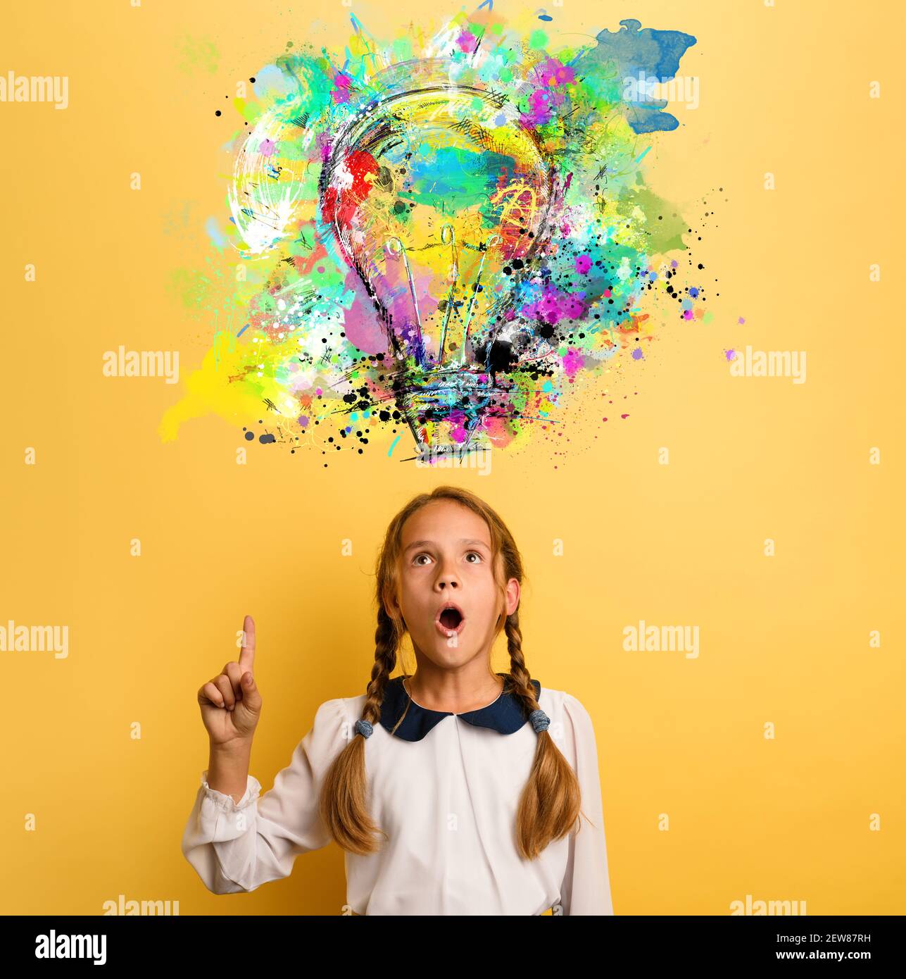 Emotional Child have a big idea. Surprised and amazed face expression ...