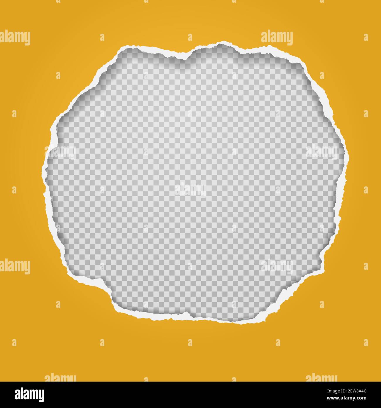 Round hole composition in yellow paper with torn edges and soft shadow ...
