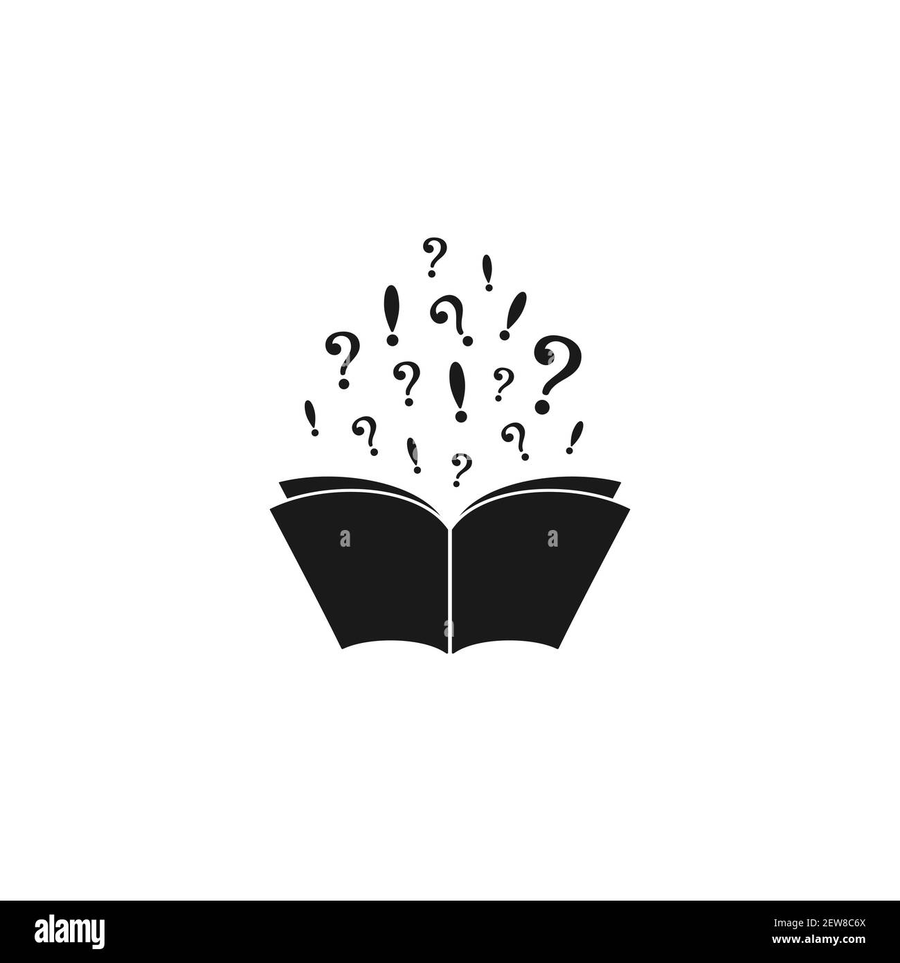 Open black book with black question marks flying out. Isolated on white ...