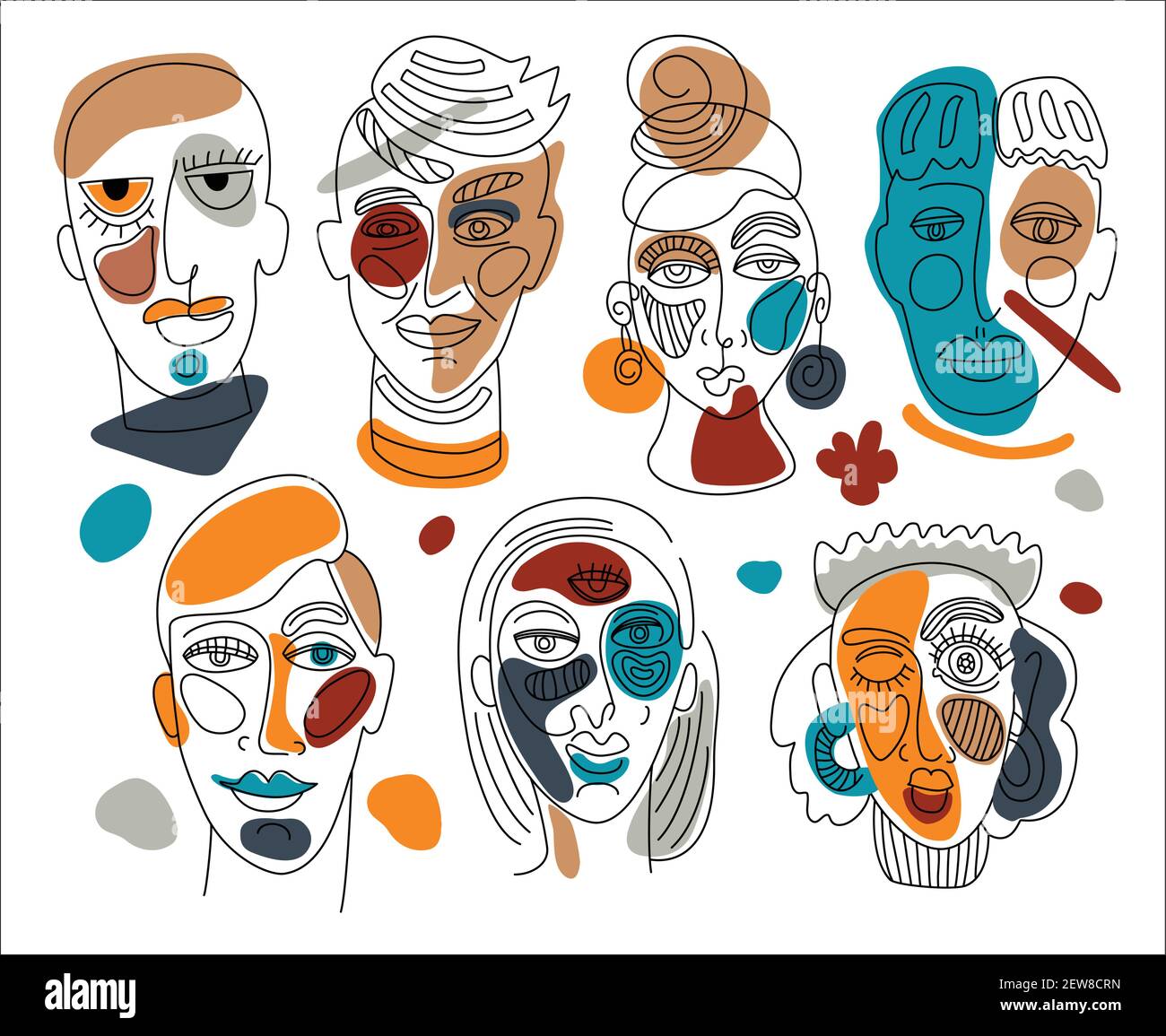 Modern abstract faces. Contemporary female man silhouettes. Hand drawn ...