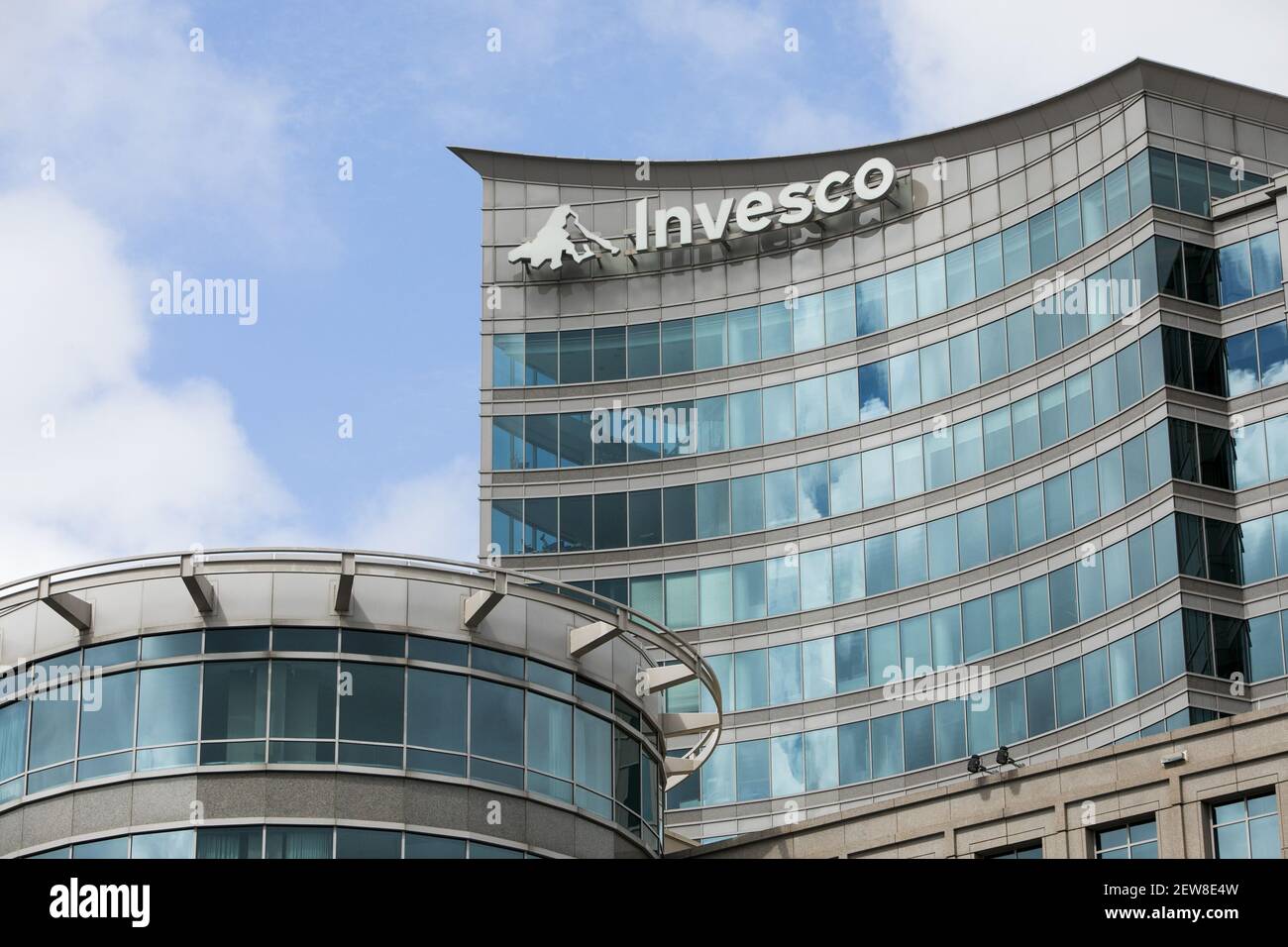 A logo sign outside of the headquarters of Invesco Ltd., in Atlanta ...