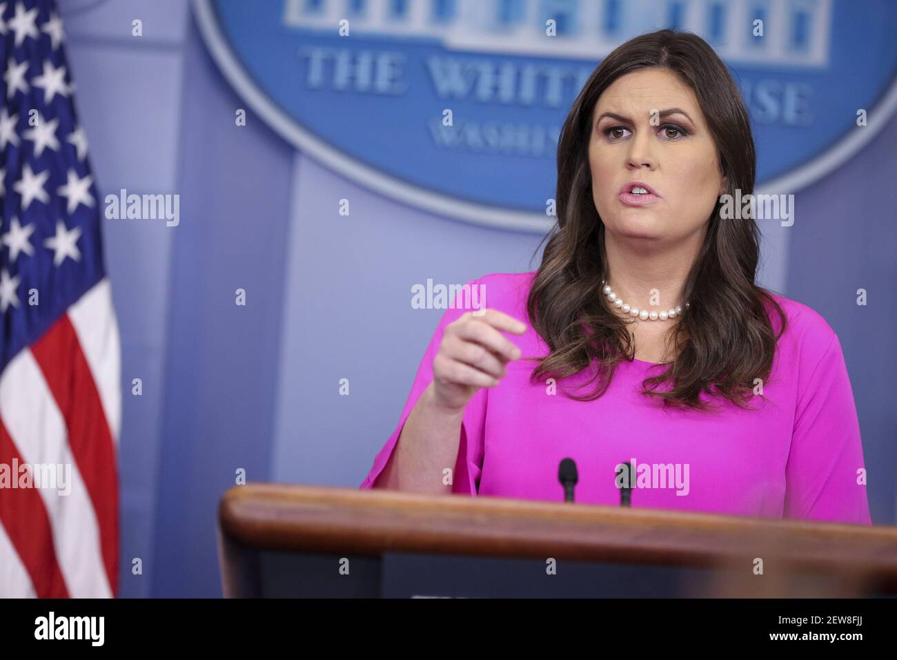 White House Press Secretary Sarah Sanders talks to the media during the ...