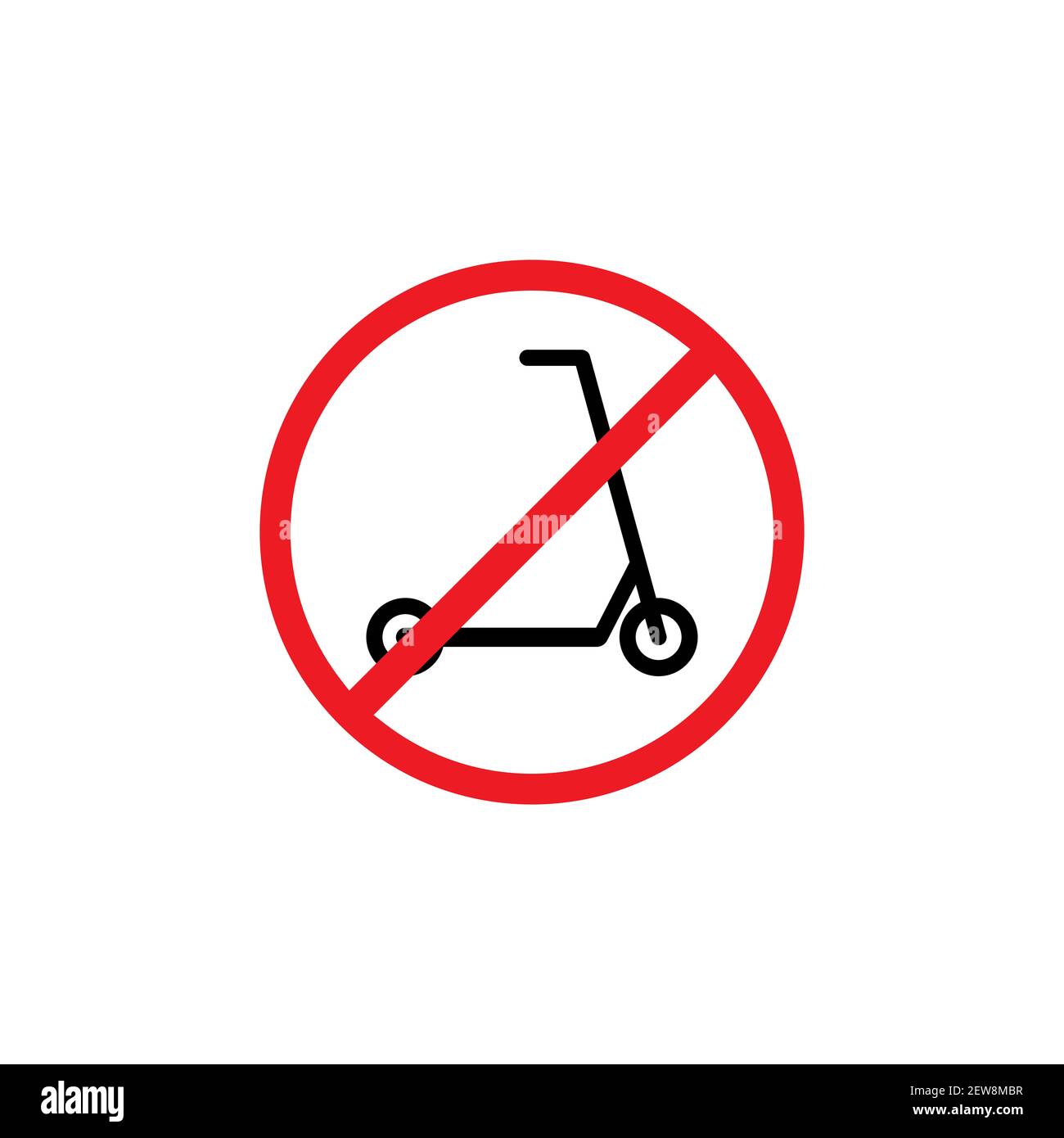 Black kick scooter or balance bike in red crossed circle icon. No push ...