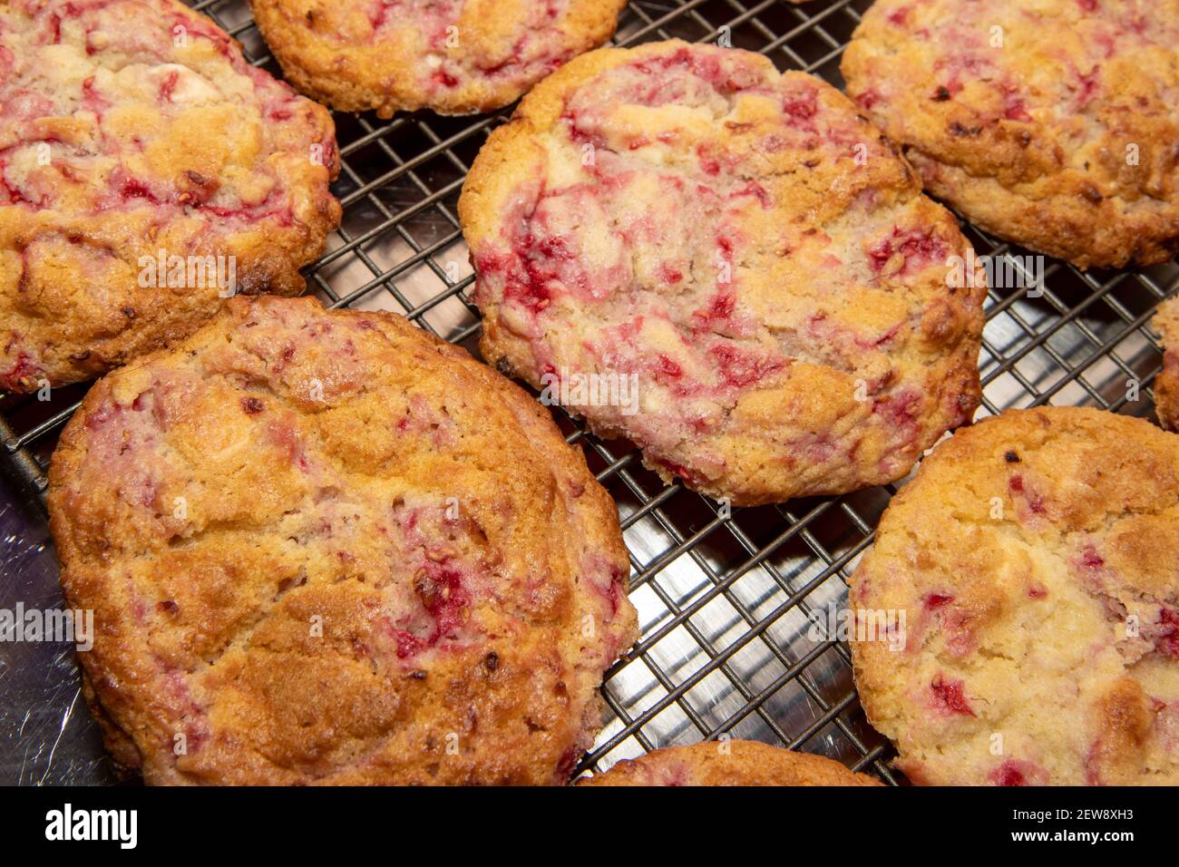 A trey of freshly home baked delicious Raspberry and White Chocolate ...