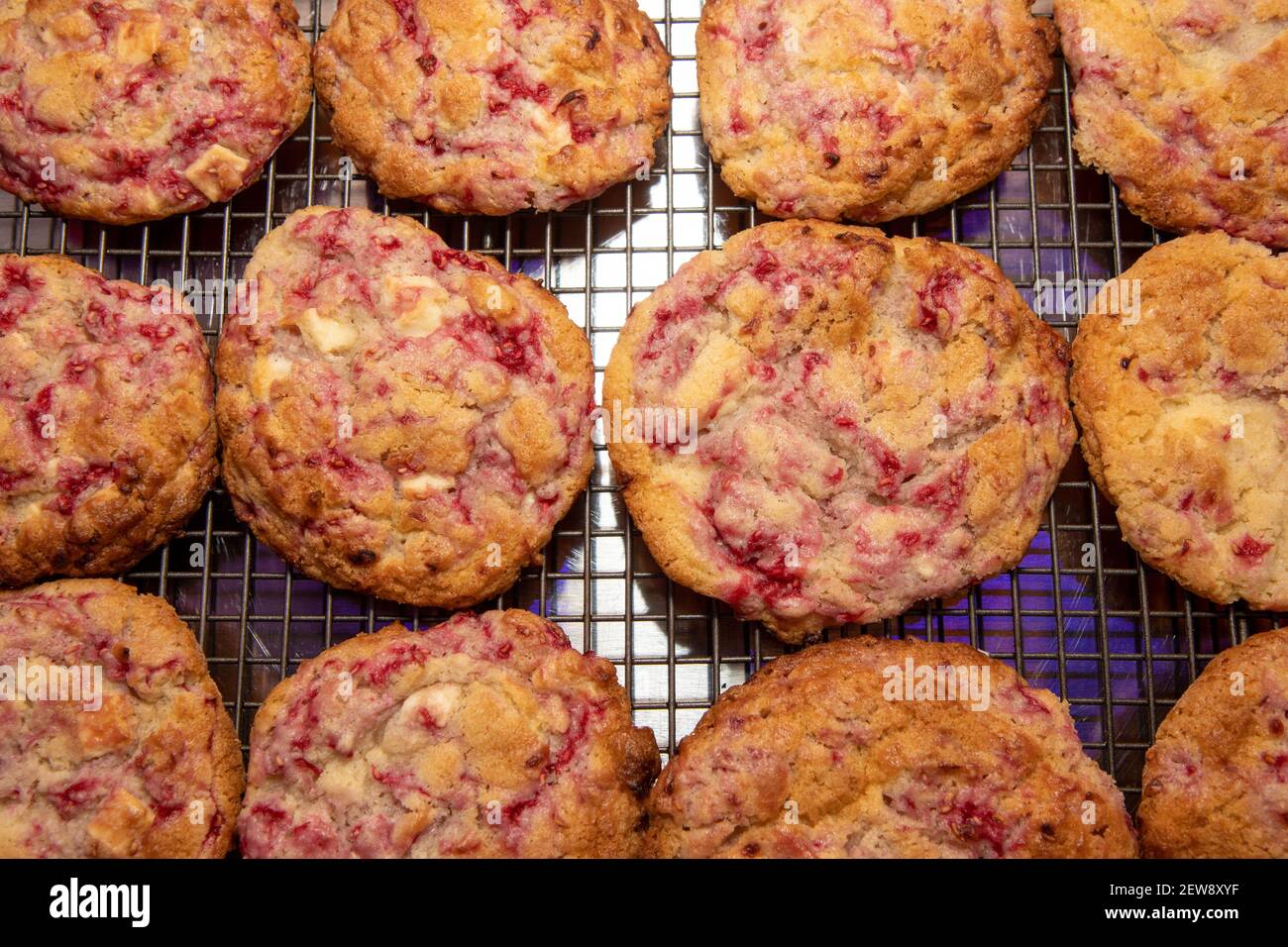 A trey of freshly home baked delicious Raspberry and White Chocolate ...