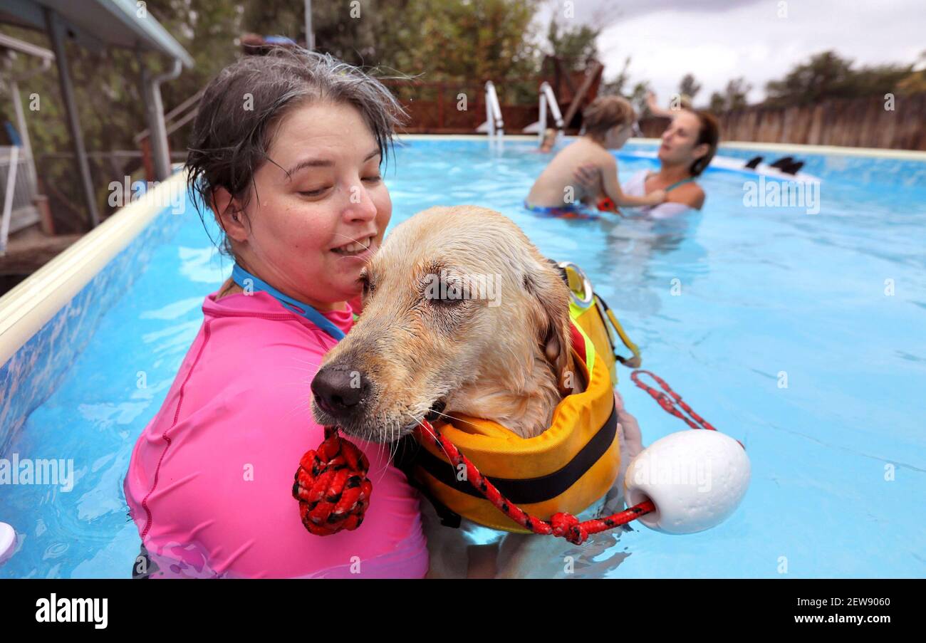 Cori gets held by her handler Deb Parker in the pool at the home of ...