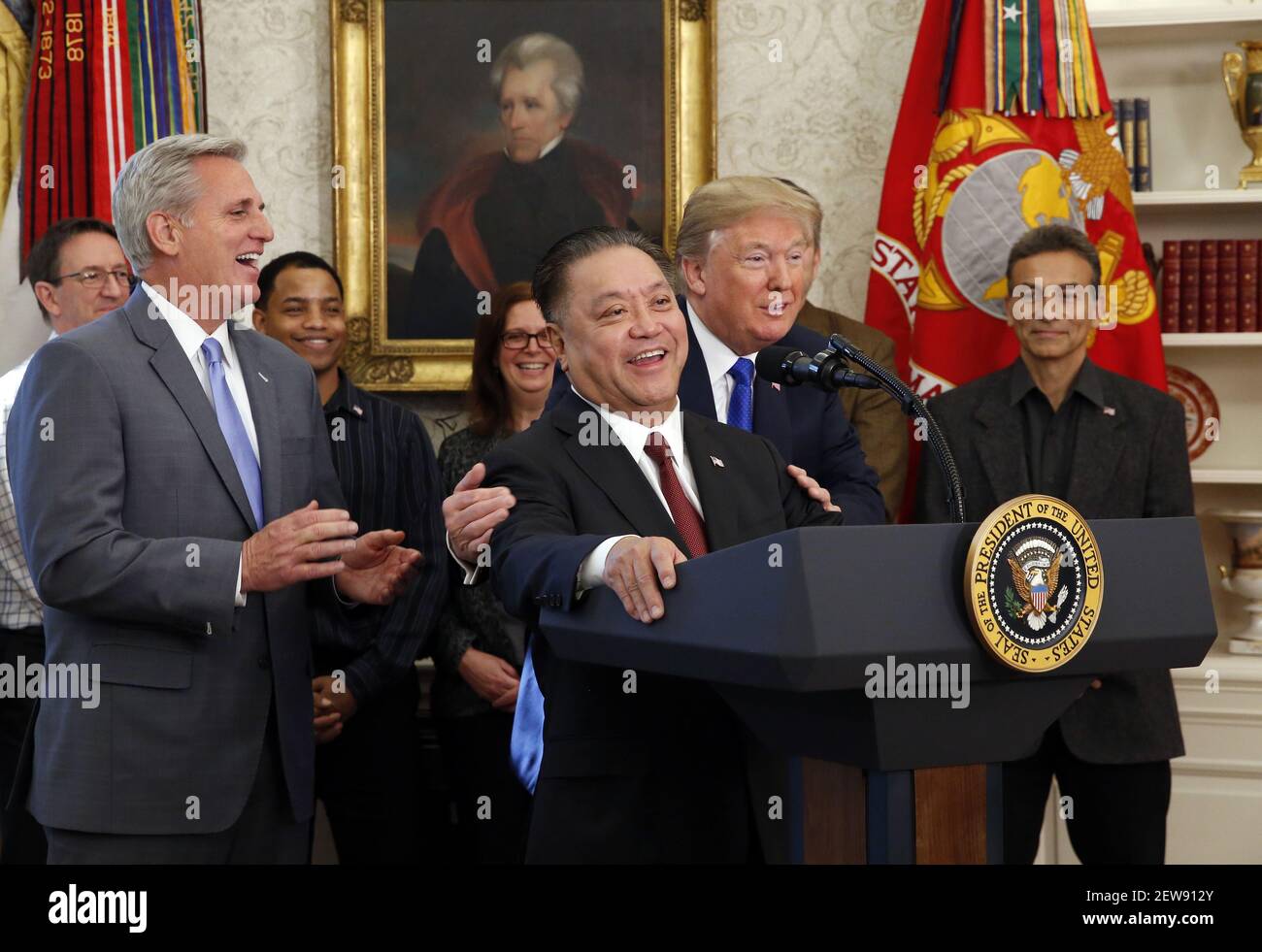 President Donald J. Trump hugs Broadcom CEO Hock Tan as Tan announces ...