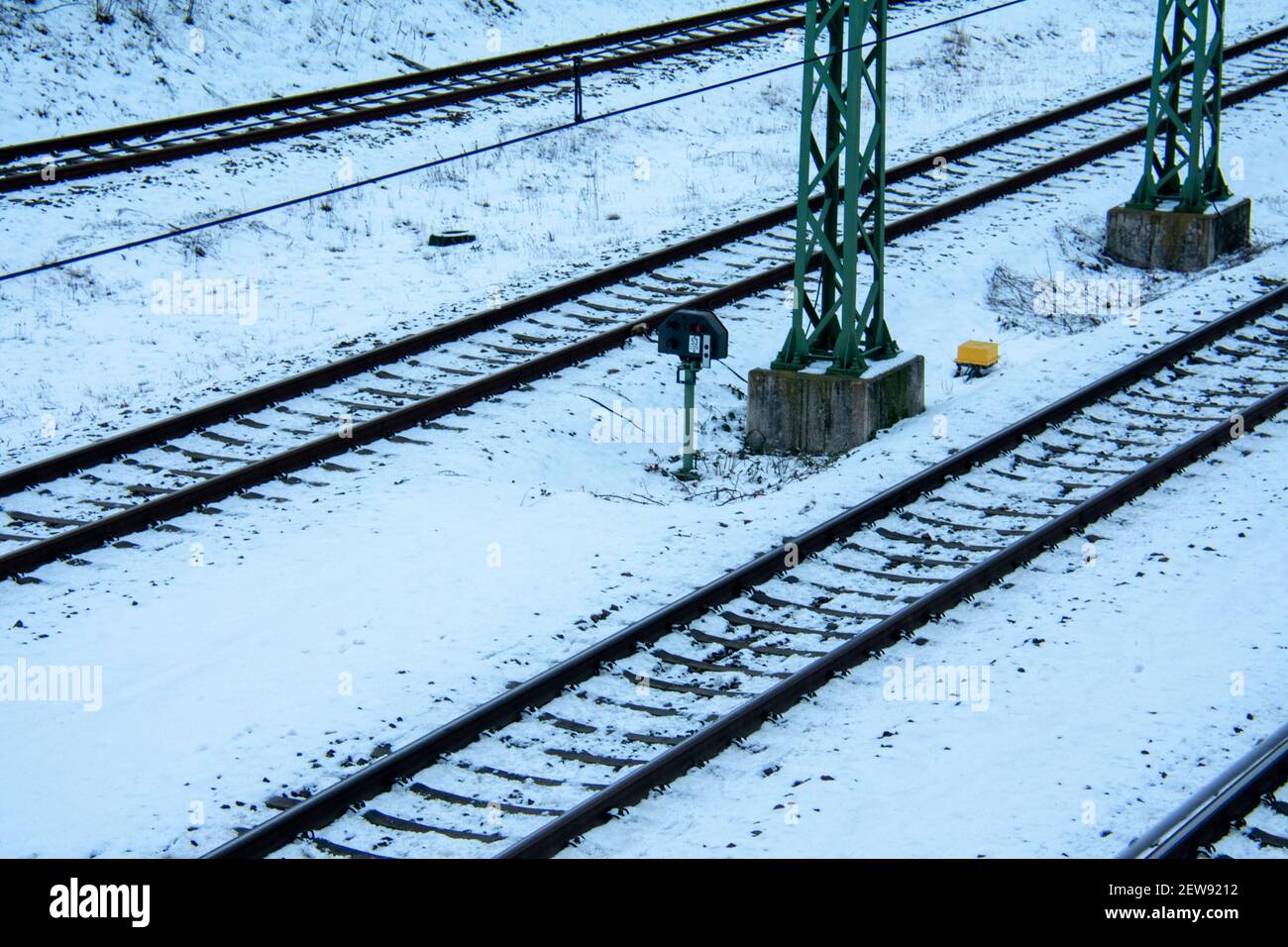 Snow covered train tracks for Deutsche Bahn in Berlin Germany Stock ...