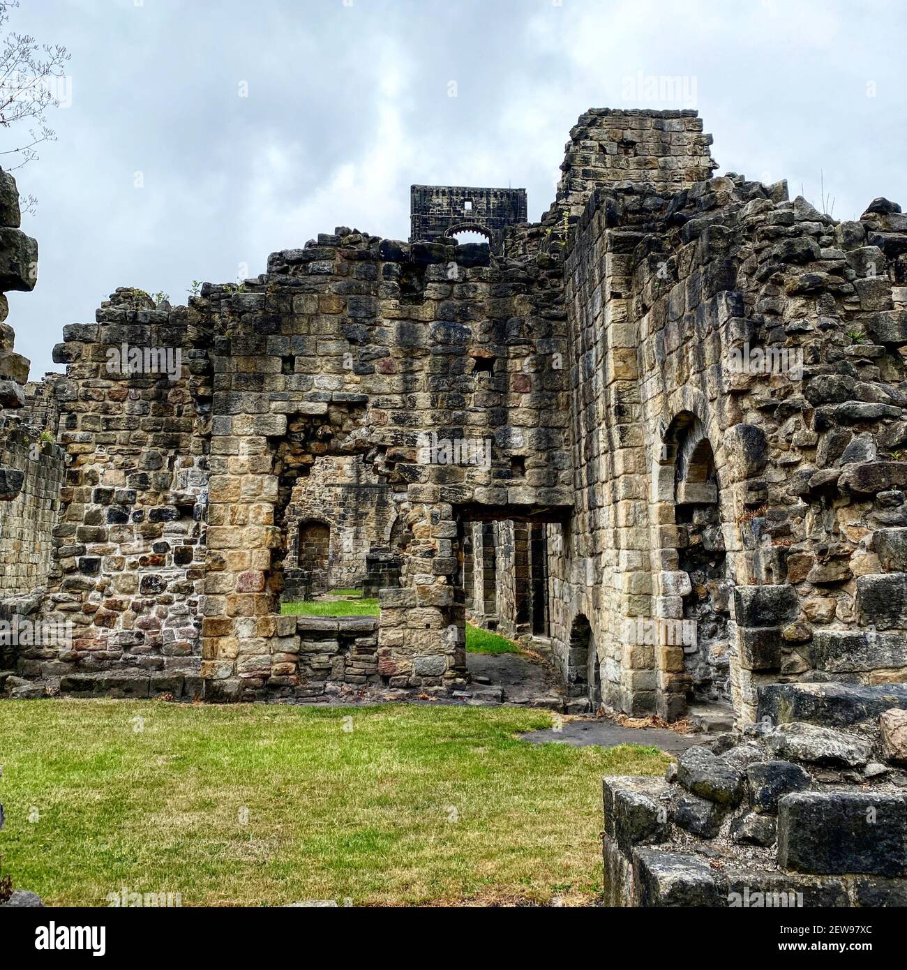 Medieval weathered ruins made of bricks under the cloudy sk Stock Photo ...