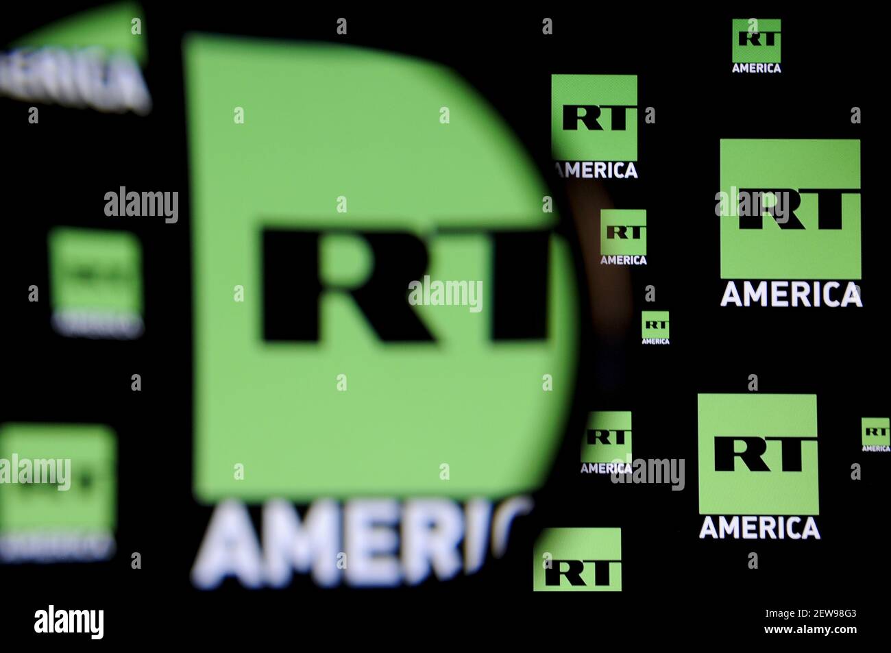 Russai Today (RT) America logos are seen on a computer screen on ...