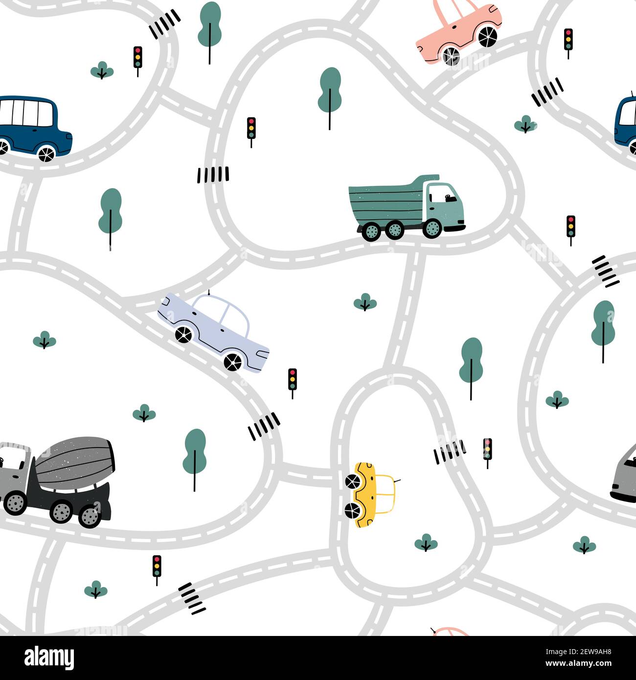 City map pattern with roads, cars, trucks, trees, traffic lights and ...
