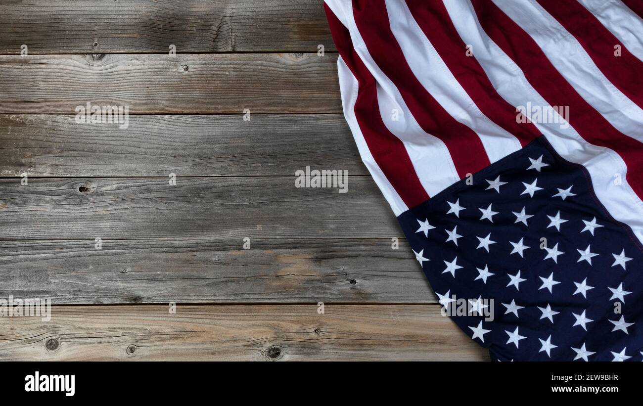 Large cloth American flag waving on vintage wooden planks Stock Photo ...