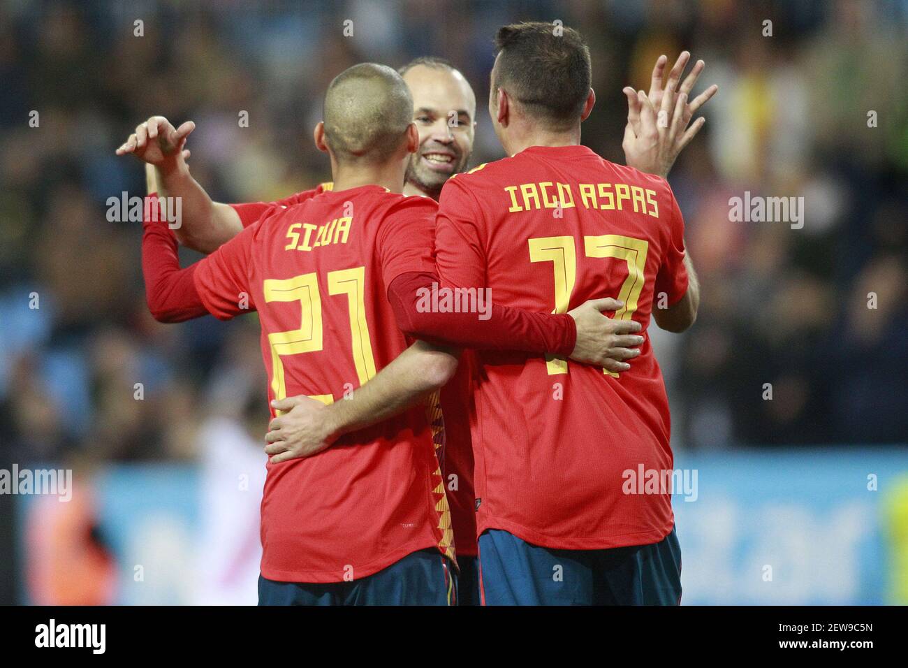 Spain's David Jimenez Silva, Andres Iniesta and Iago Aspas celebrate ...