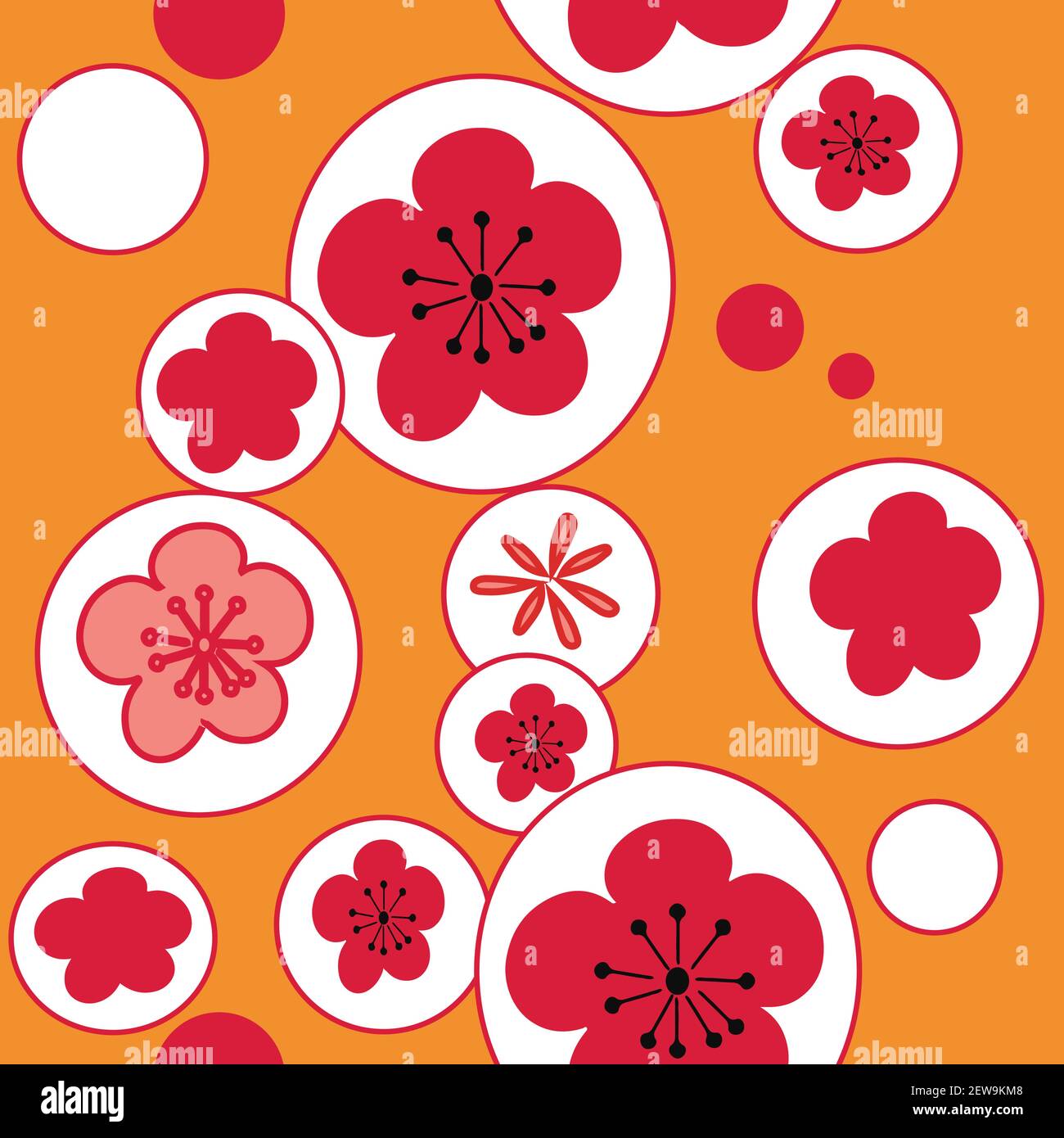 Vector bright orange white bubble cherry flowers blossom 60 s 70 s ...