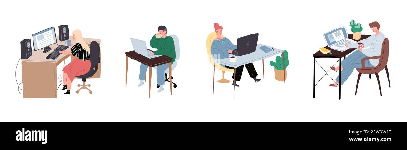 Cartoon flat freelancer characters at home office set,vector ...