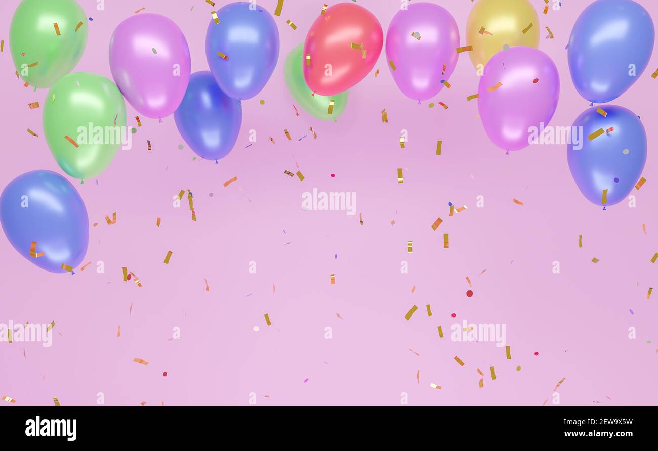 background with colorful balloons on pink wall with full color confetti ...