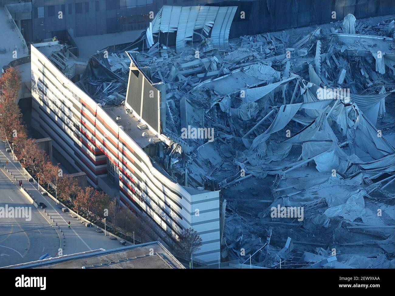 A wall remains standing after the implosion of the Georgia Dome on ...