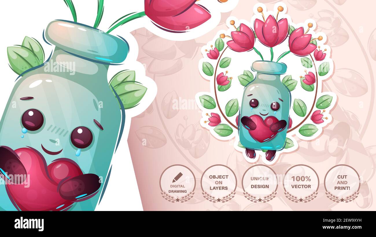 Childish cartoon character bottle with flower - cute sticker Stock ...