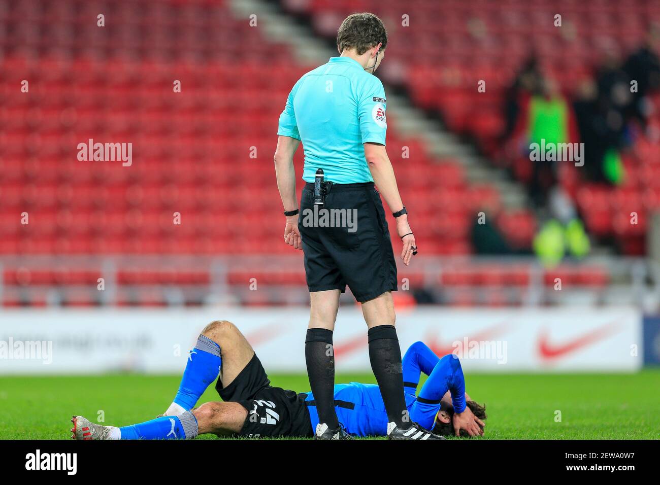Sunderland, UK. 02nd Mar, 2021. Rob Hunt #24 of Swindon Town lies on ...
