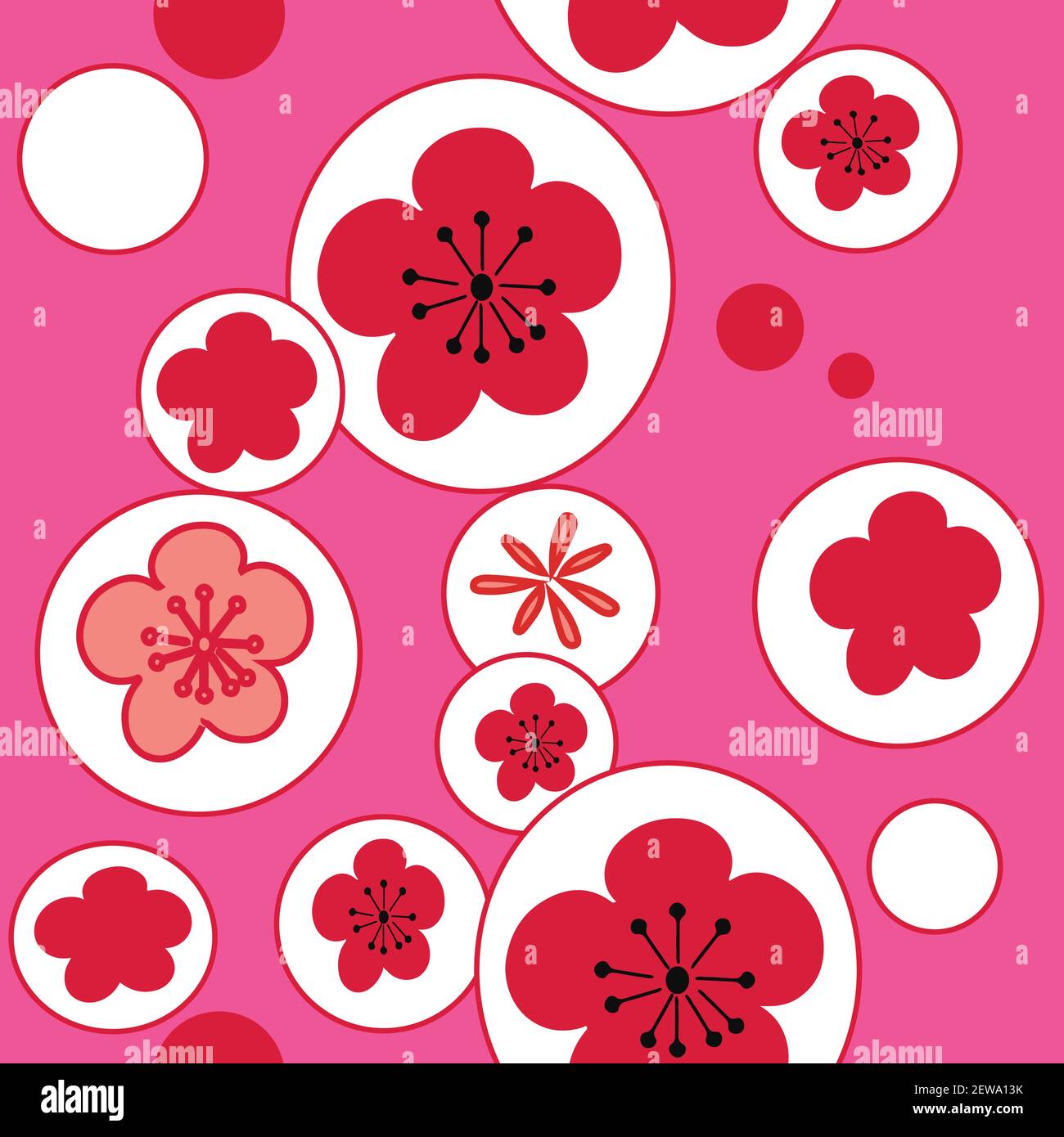 Vector bright pink white bubble cherry flowers blossom 60 s 70 s ...
