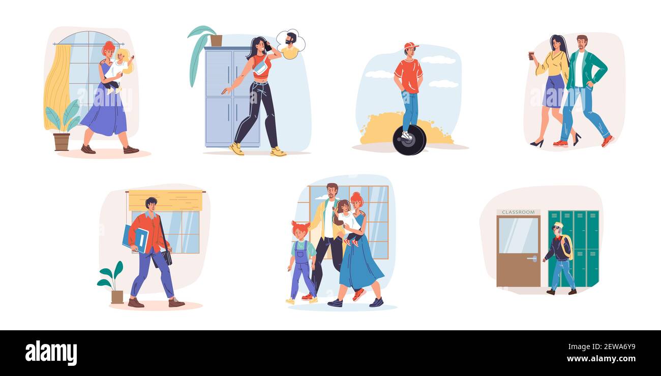 Flat cartoon characters scenes set vector illustration concept Stock ...