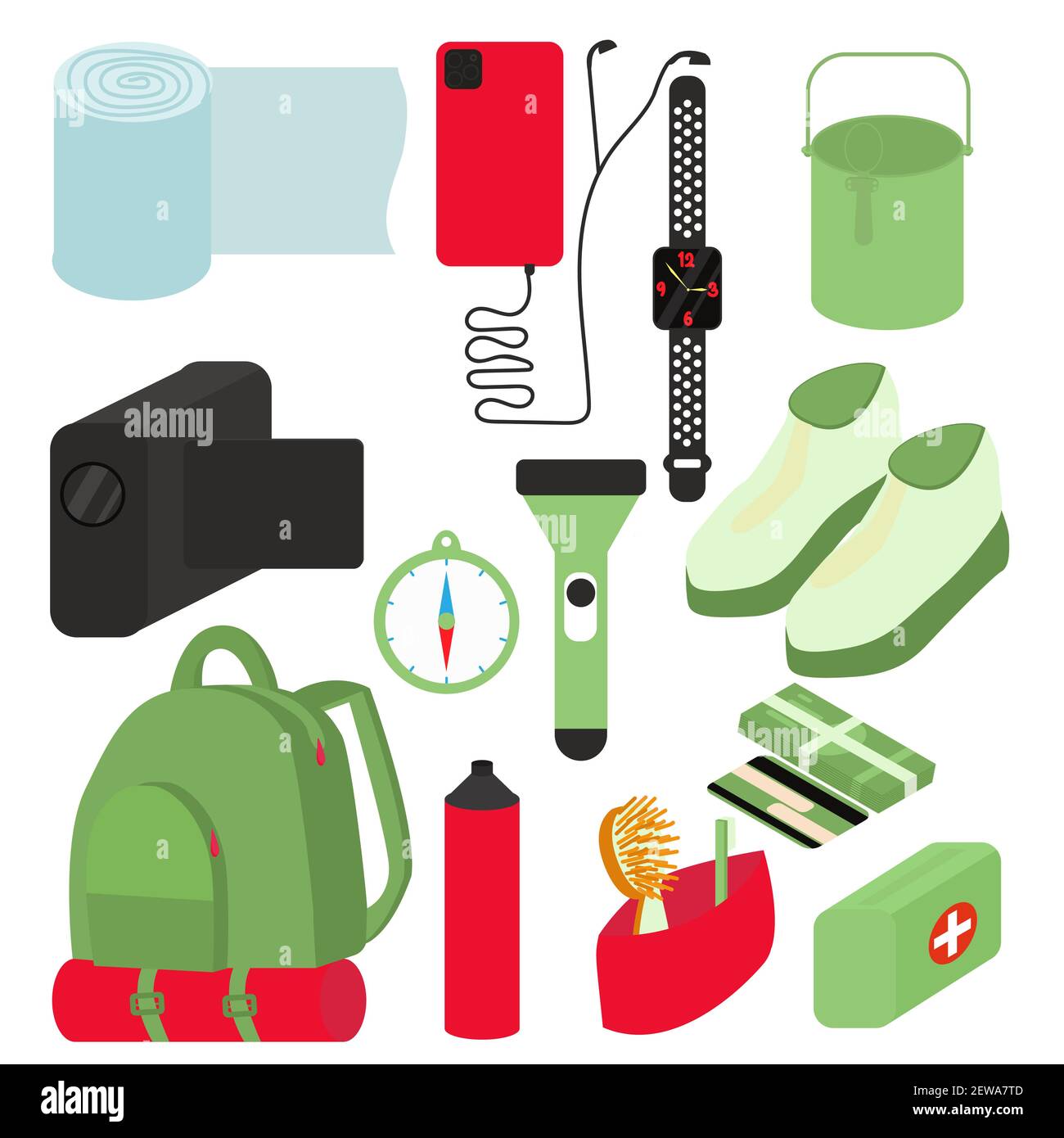 Tourism items set compass, watch, camera, bottle, shoes vector ...