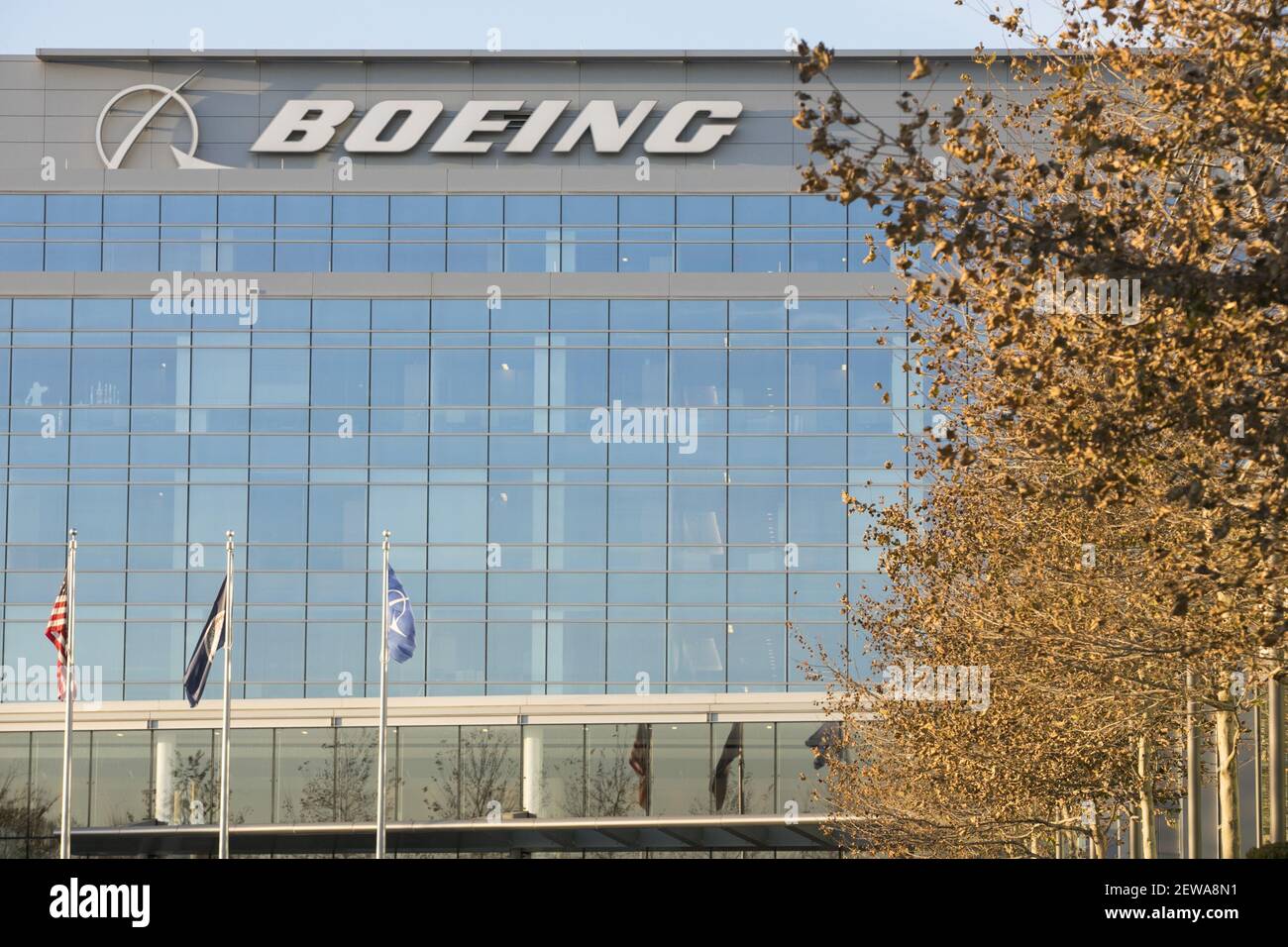 A logo sign outside of a facility occupied by The Boeing Company in ...