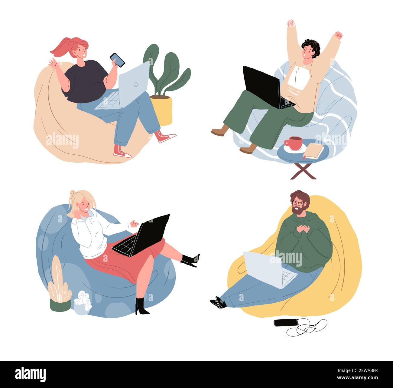 Cartoon flat characters sitting at cozy home place set,vector ...