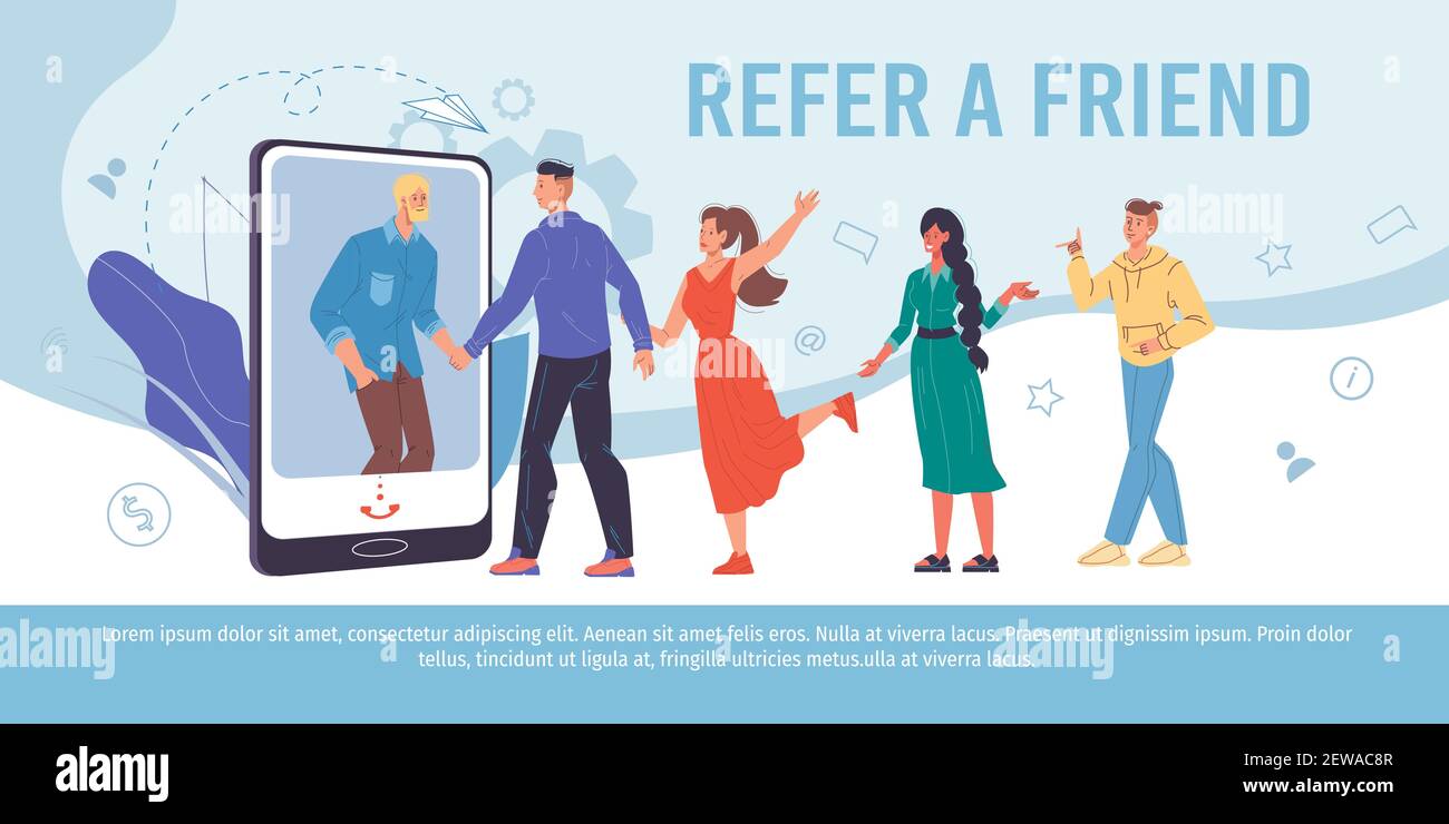 Flat cartoon characters get acquainted using mobile app,referral ...