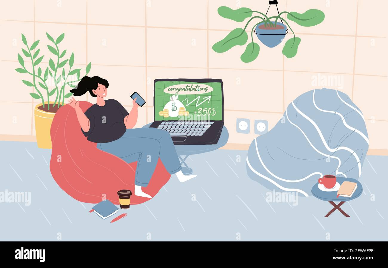 Flat cartoon character enjoys trading success,vector illustration ...