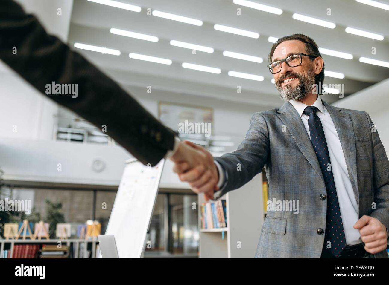 Successful grey-haired male leader of the company is shaking hands with ...