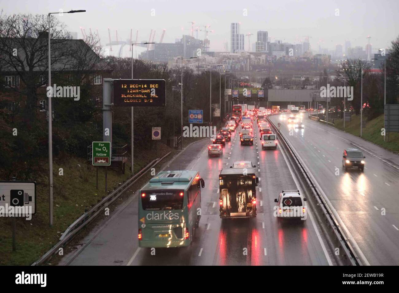 Slow moving traffic on the A102 Blackwall Tunnel approach into London ...