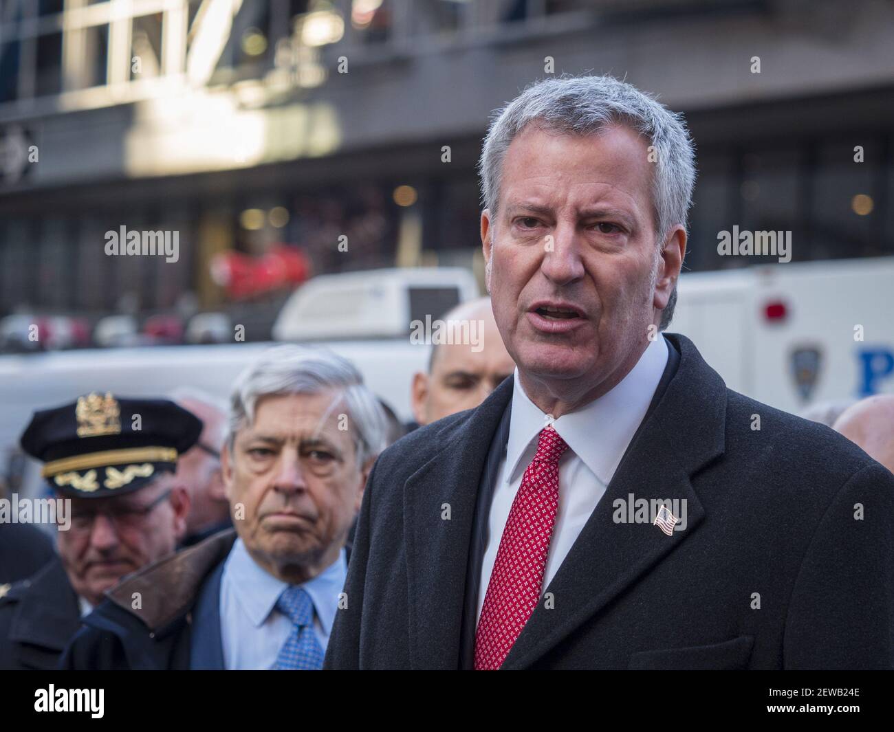 New York City Mayor Bill de Blasio speaks at the news conference near ...