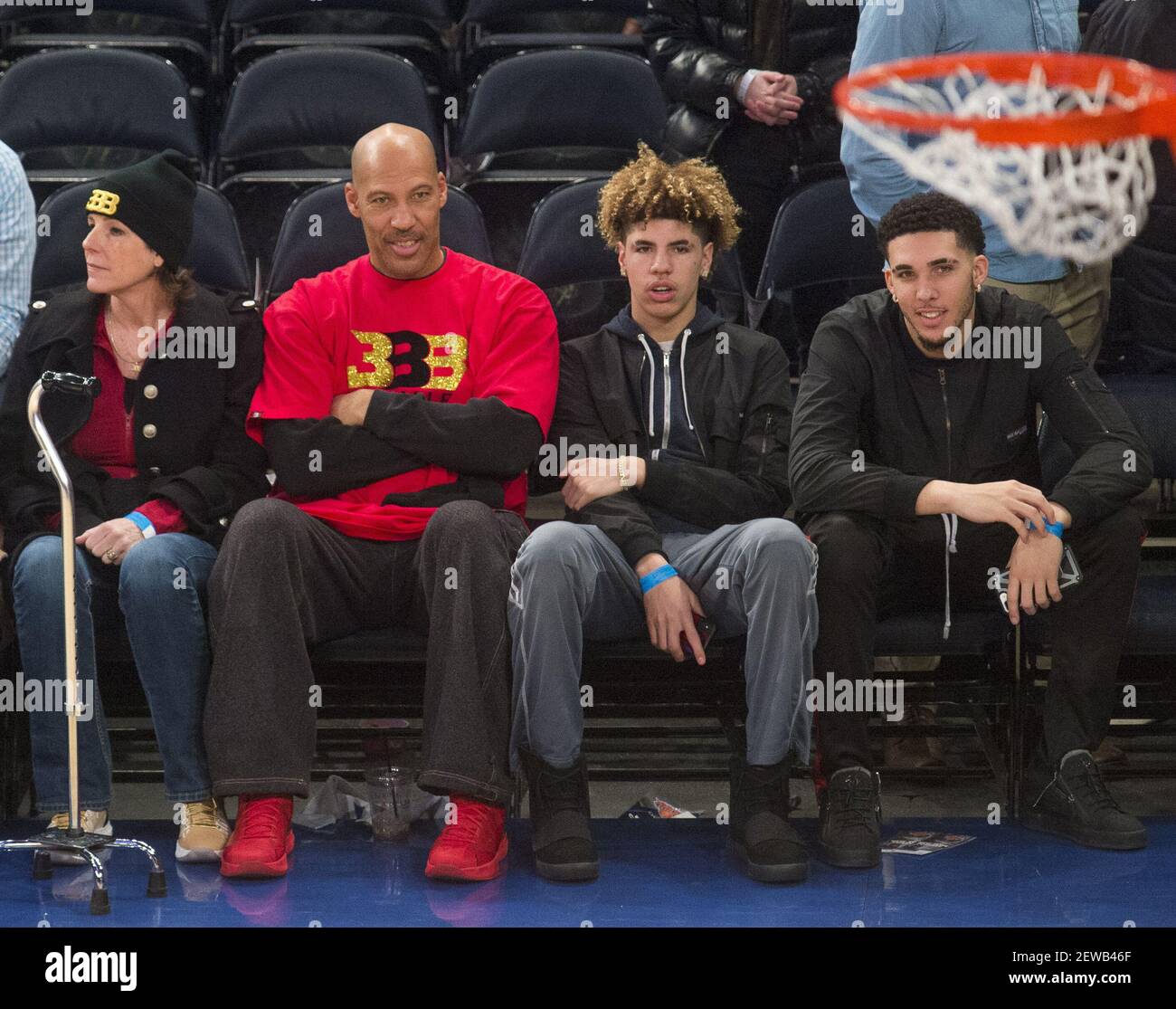 From left, Tina Ball, LaVar Ball, LaMelo Ball and LiAngelo Ball look on ...