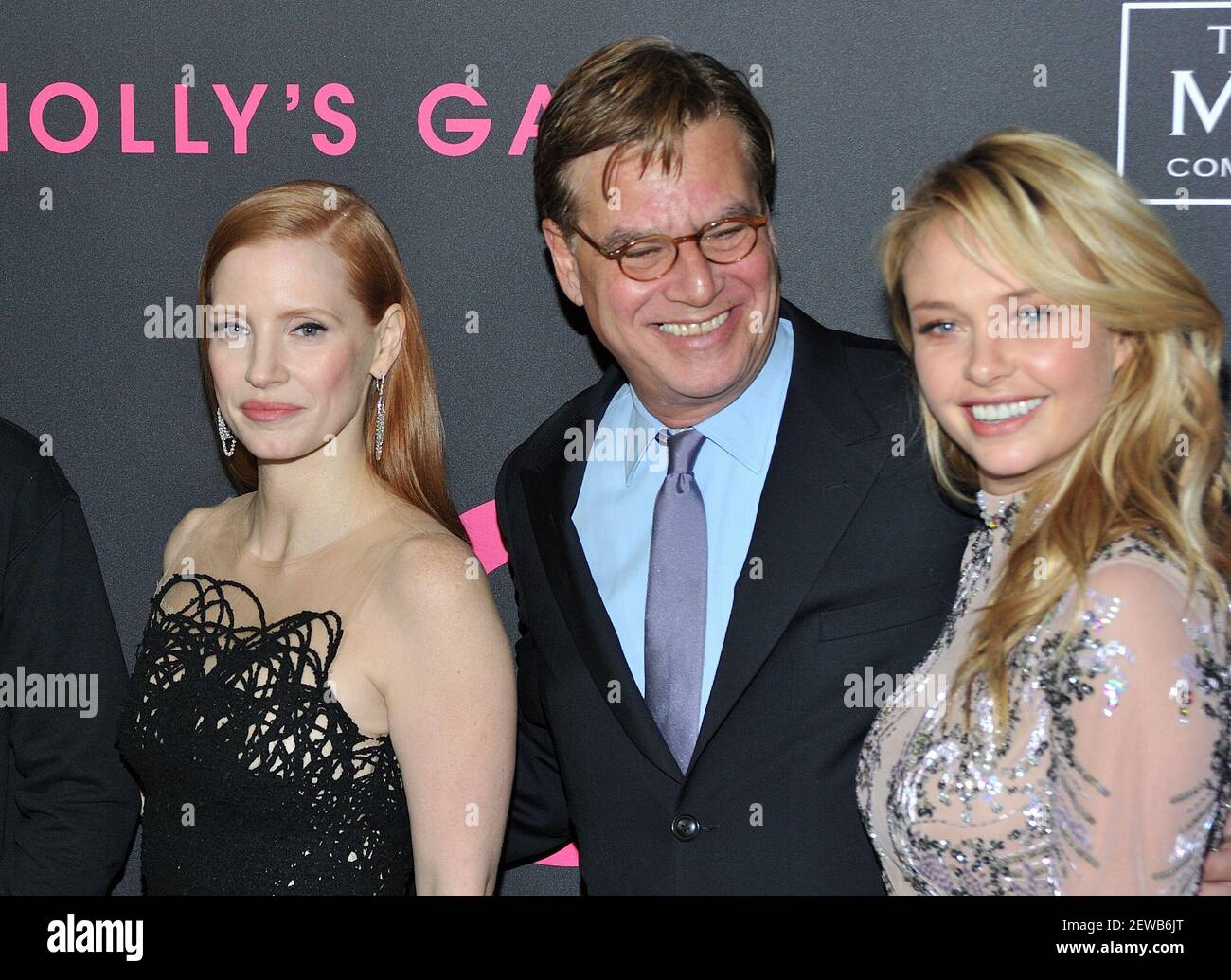 L-R: Actress jessica Chastain, director/writer Aaron Sorkin and actress ...